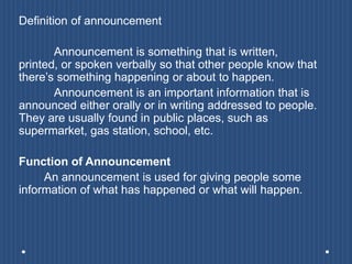 Definition of Announcement class 10 on the first semester | PPT