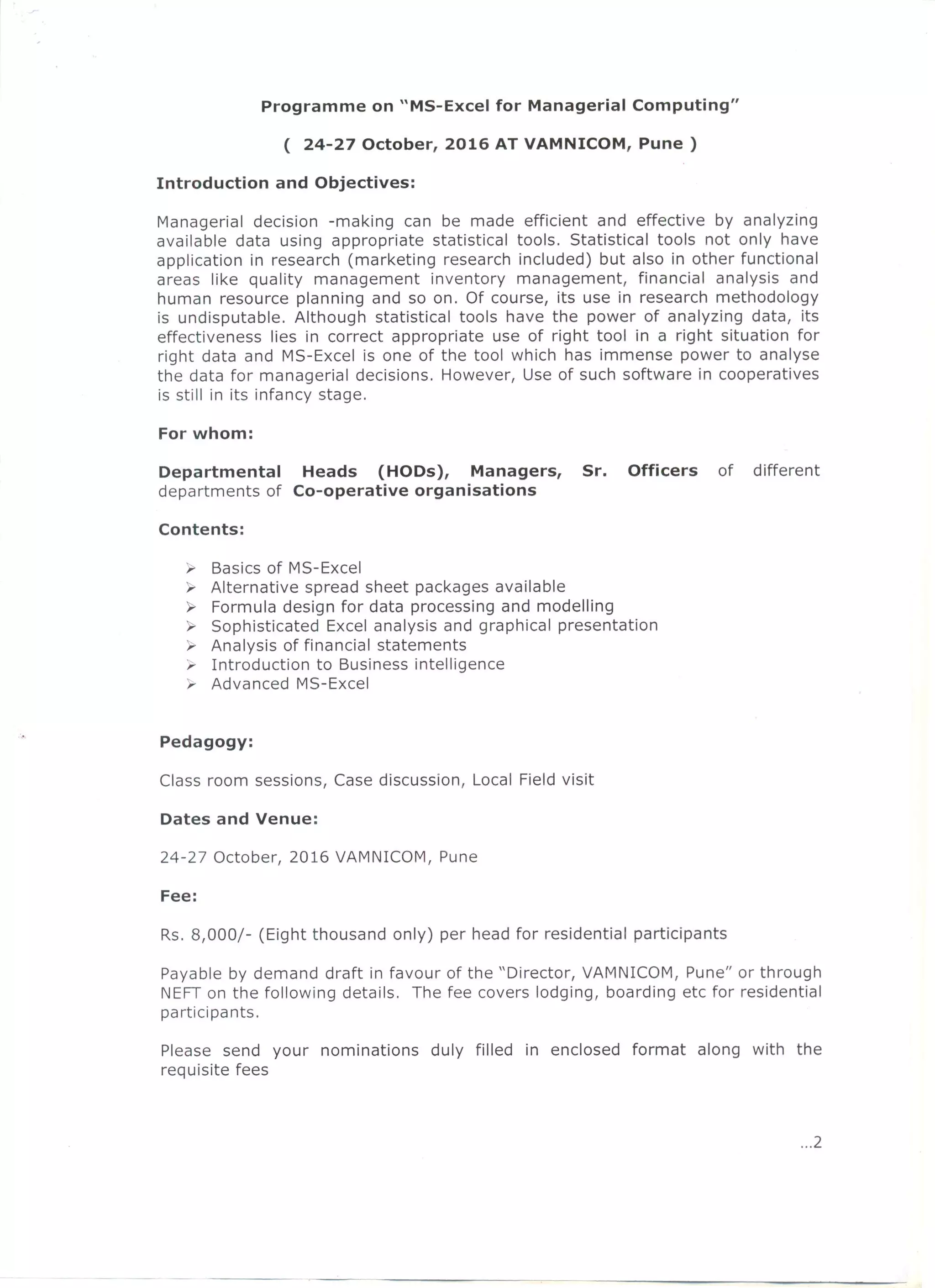 Programme On Ms Excel For Managerial Computing Pdf