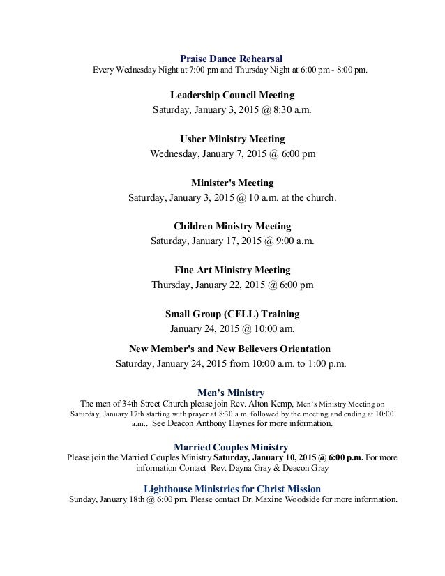 Announcements and Opening Prayer January 4, 2015