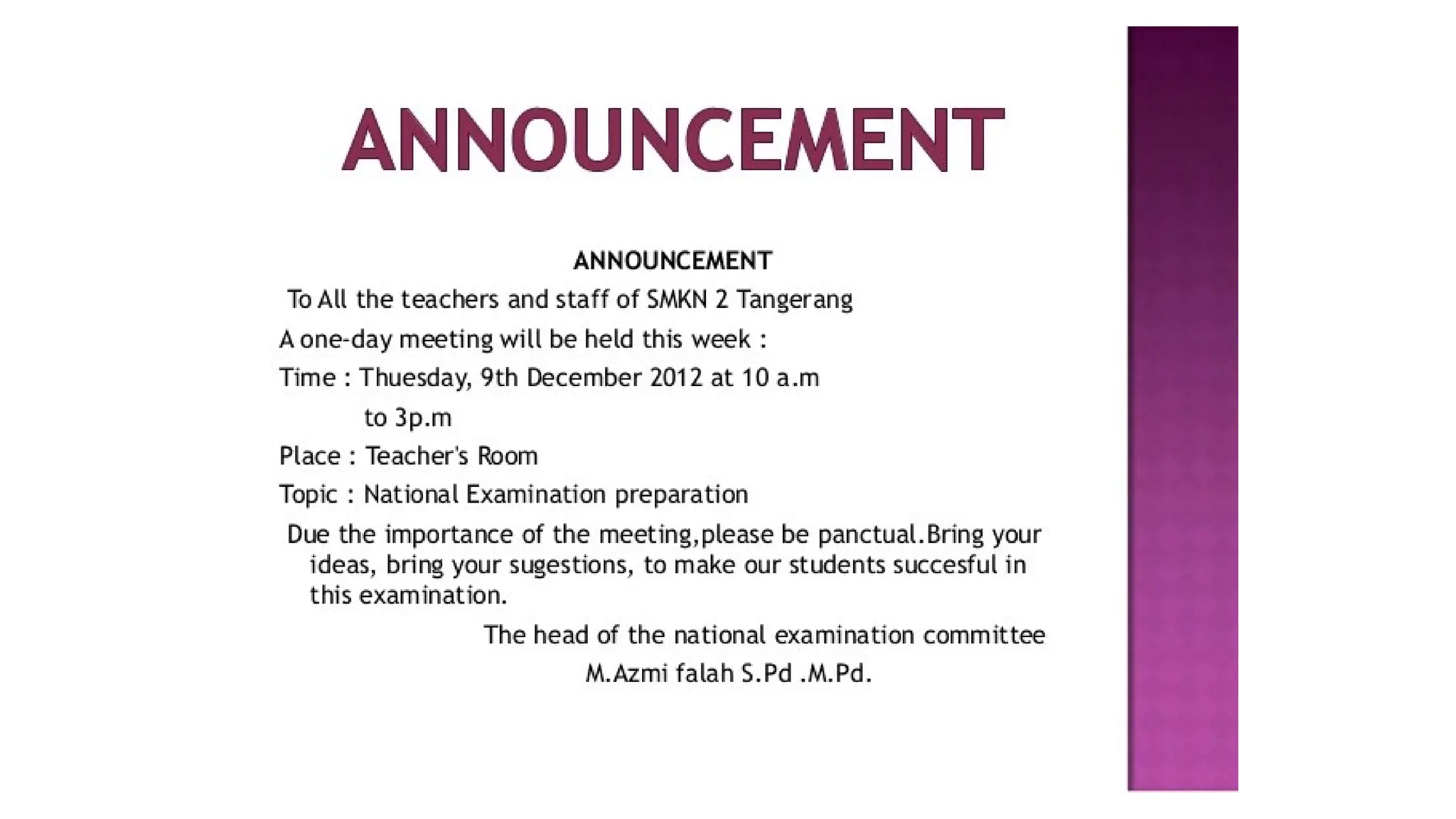 Announcement text in English education for grade 10 | PPTX
