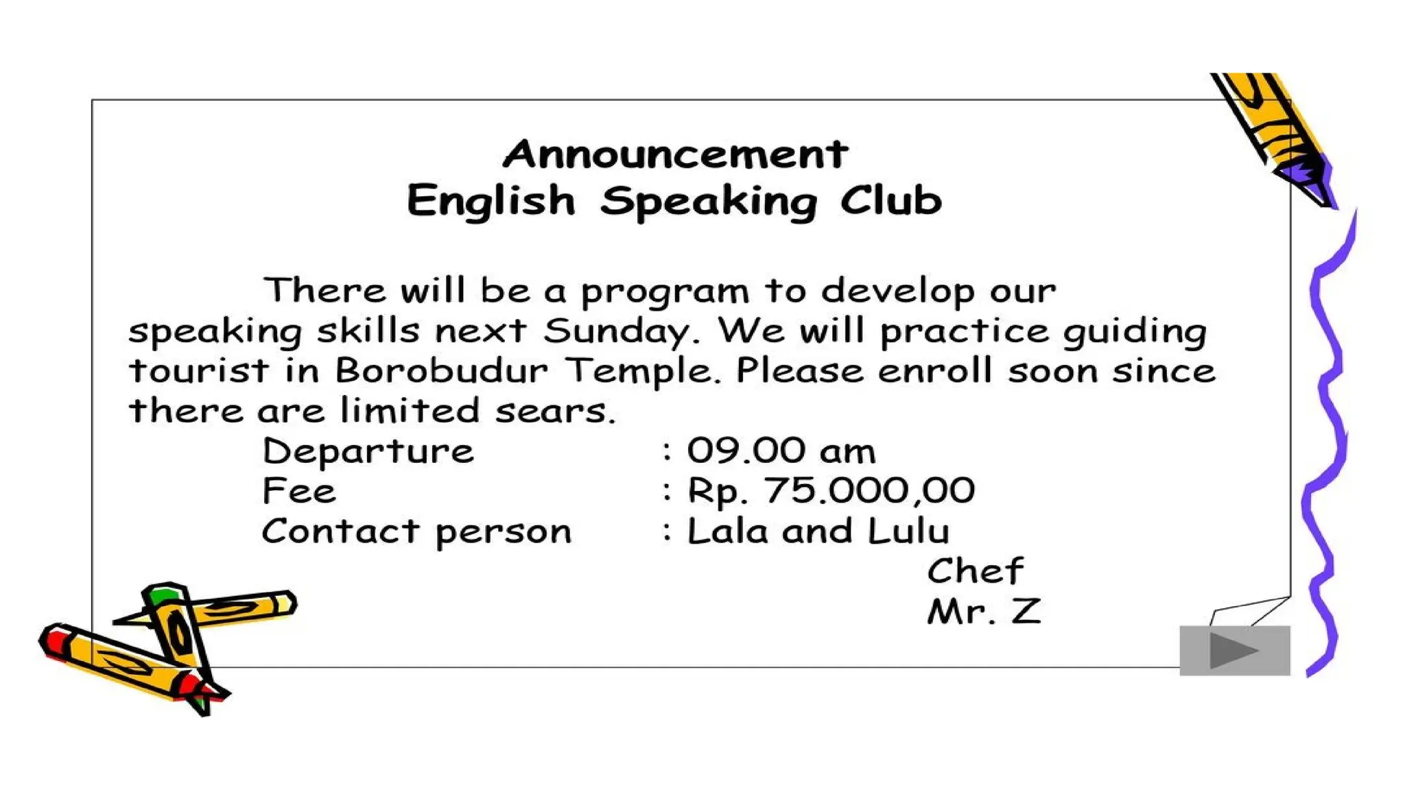 Announcement text in English education for grade 10 | PPTX