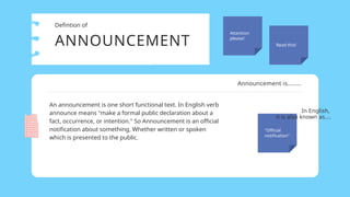 Announcement text in English education for grade 10 | PPTX
