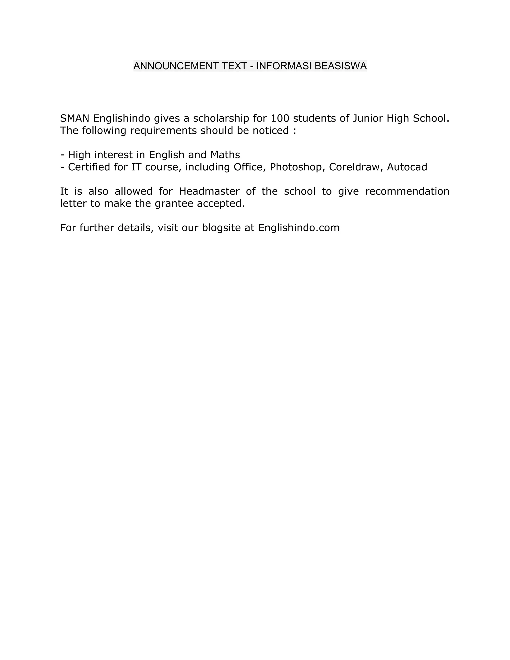 Announcement text english speech contest | PDF