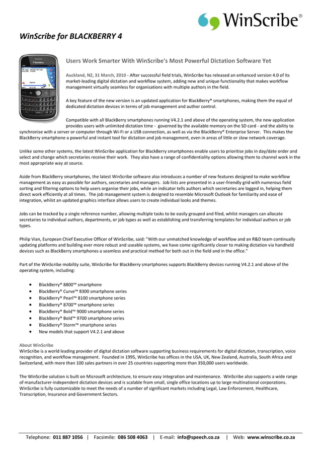 Announcement - WinScribe For Blackberry 4 | PDF