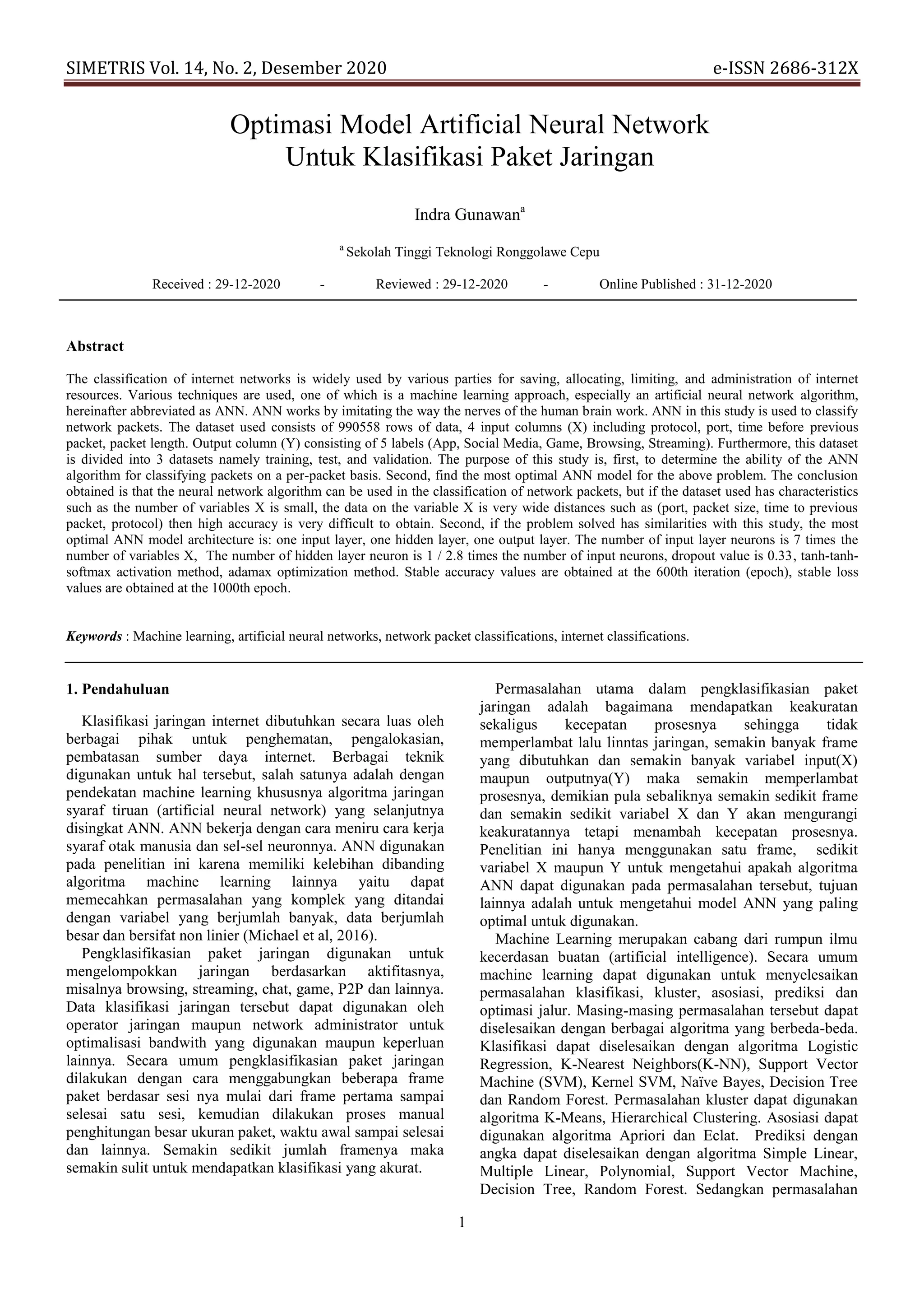 Optimasi Model Artificial Neural Network Untuk Klasifikasi Paket ...