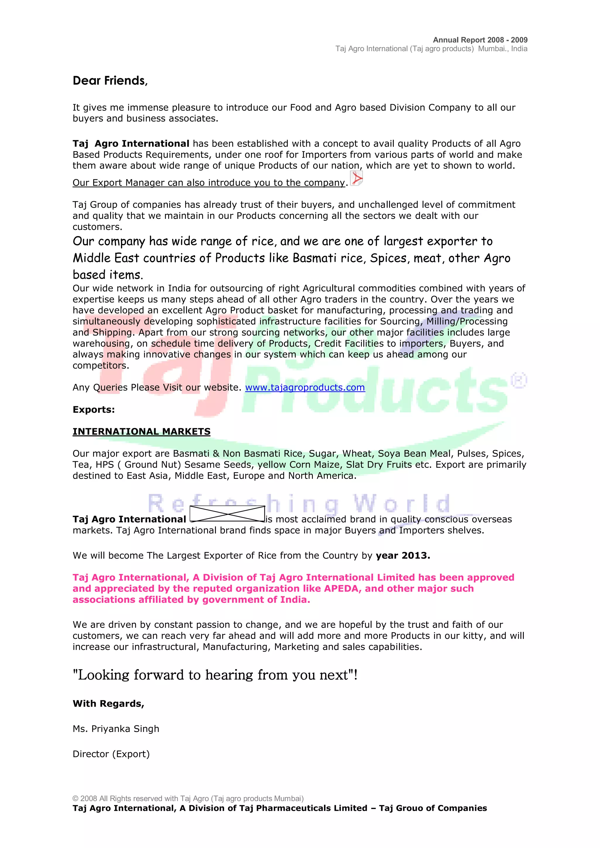 Annual report 2009 taj agro international taj group | PDF