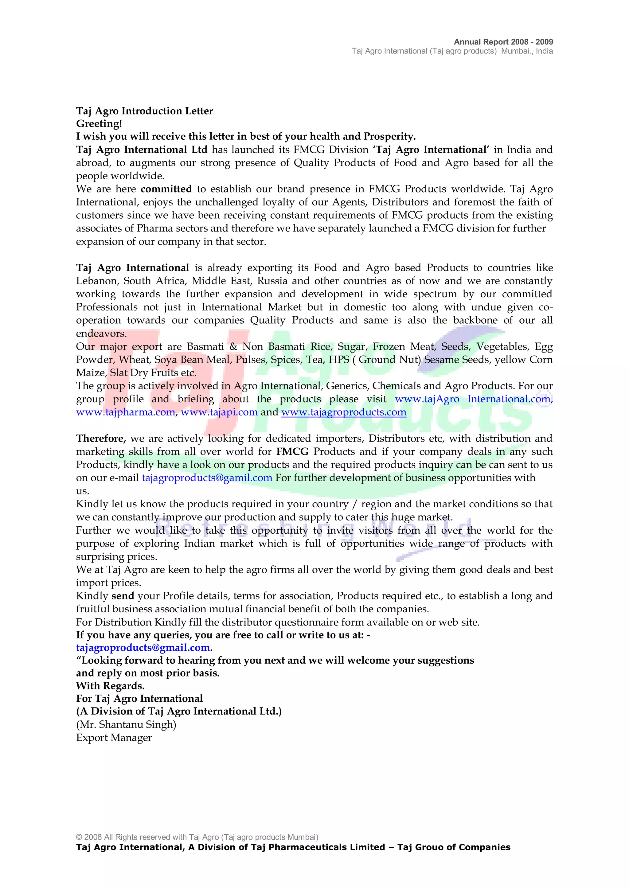 Annual report 2009 taj agro international taj group | PDF