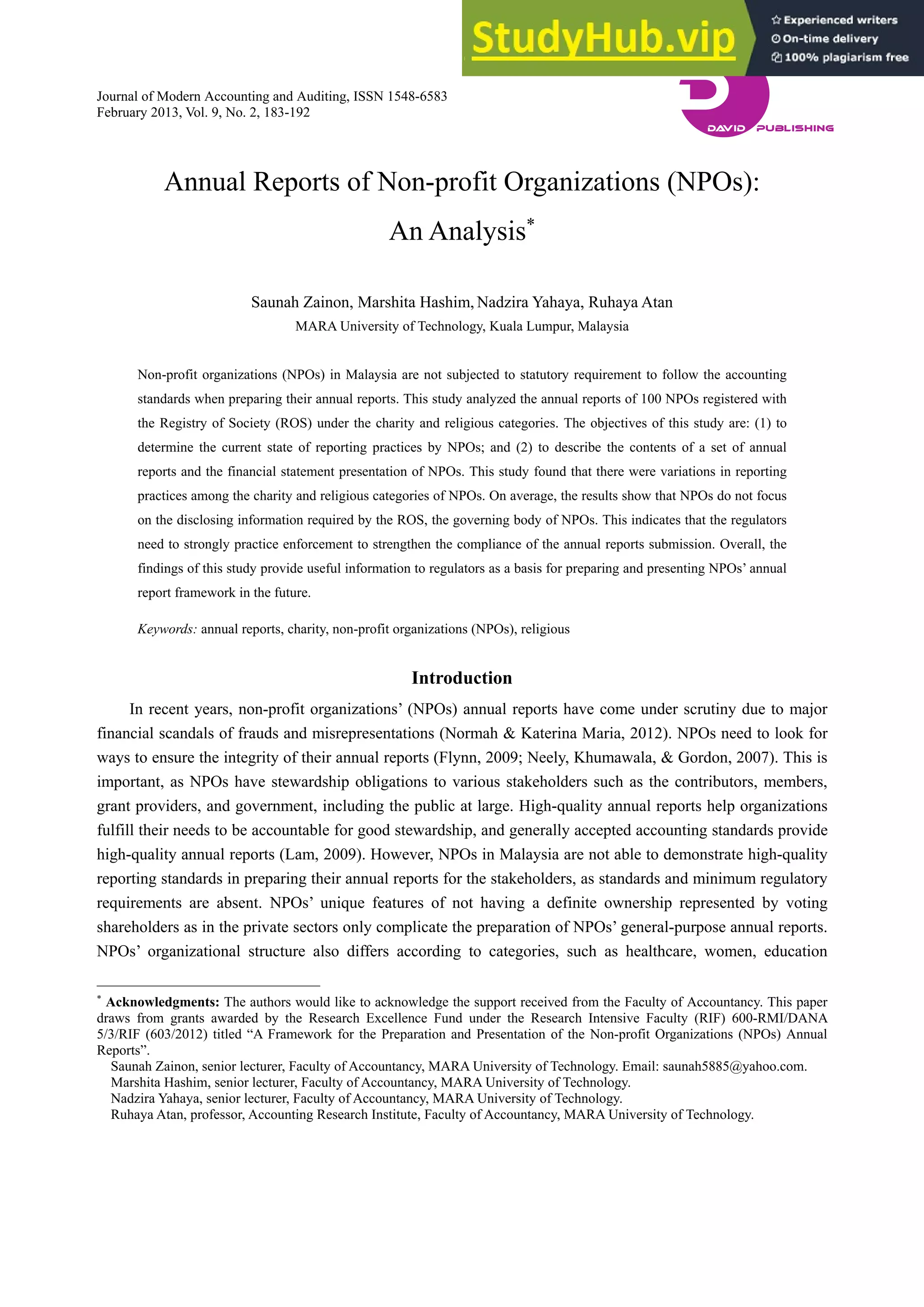 Annual Reports Of Non-Profit Organizations (NPOs) An Analysis | PDF
