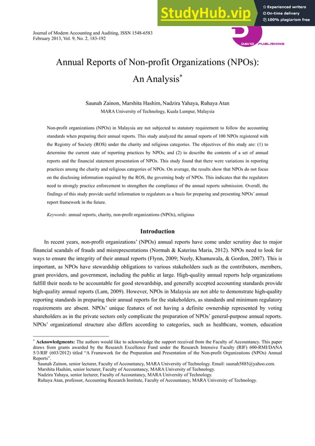 Annual Reports Of Non-Profit Organizations (NPOs) An Analysis | PDF