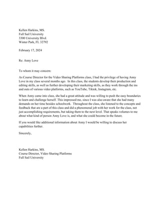 Anny Serafina Love - Letter of Recommendation by Kellen Harkins, MS. | PDF