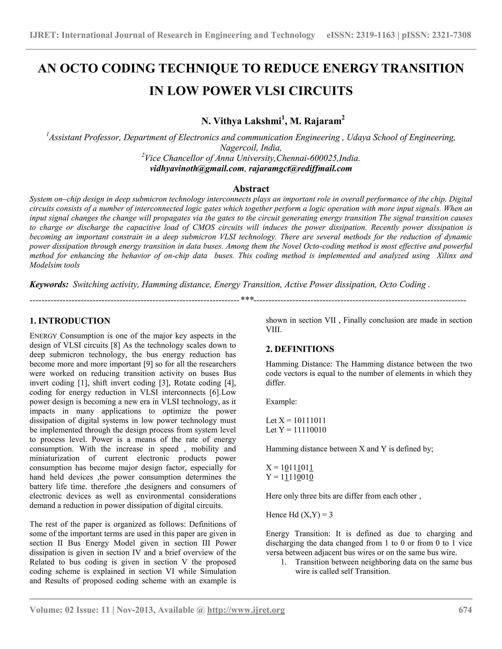 An Octo Coding Technique To Reduce Energy Transition In Low Power Vlsi Circuits Pdf