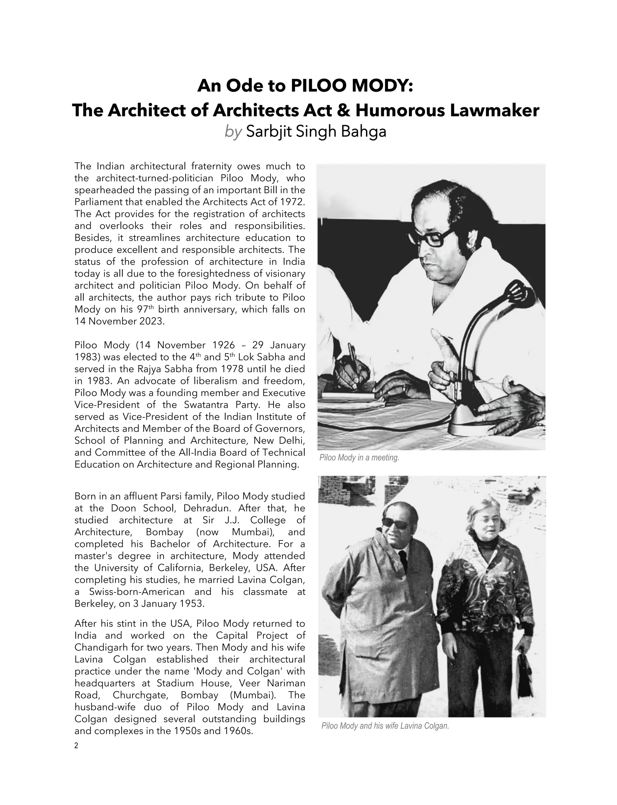 An Ode to PILOO MODY - The Architect of Architects Act & Humorous ...