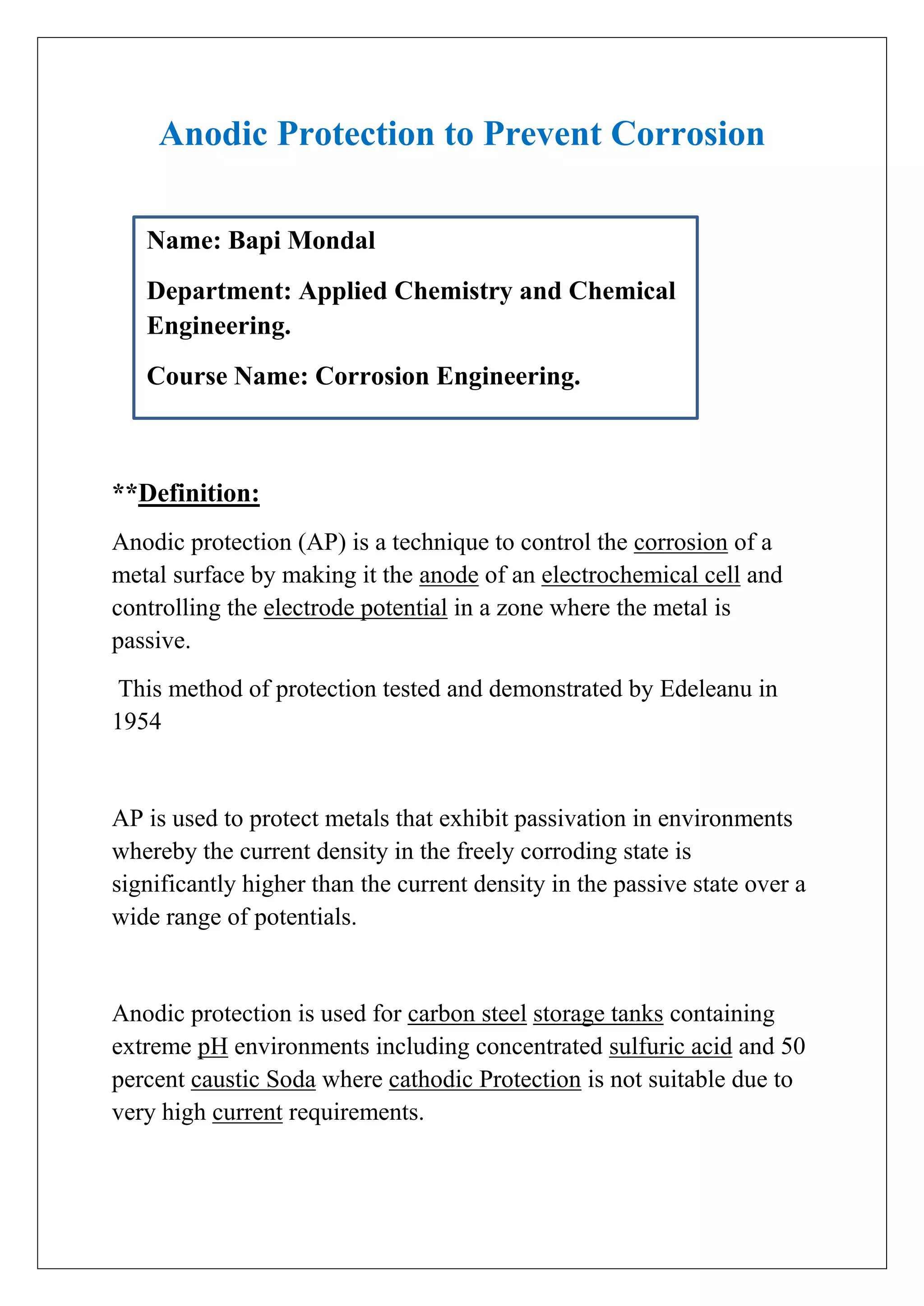 Anodic protection for corrosion prevention | PDF