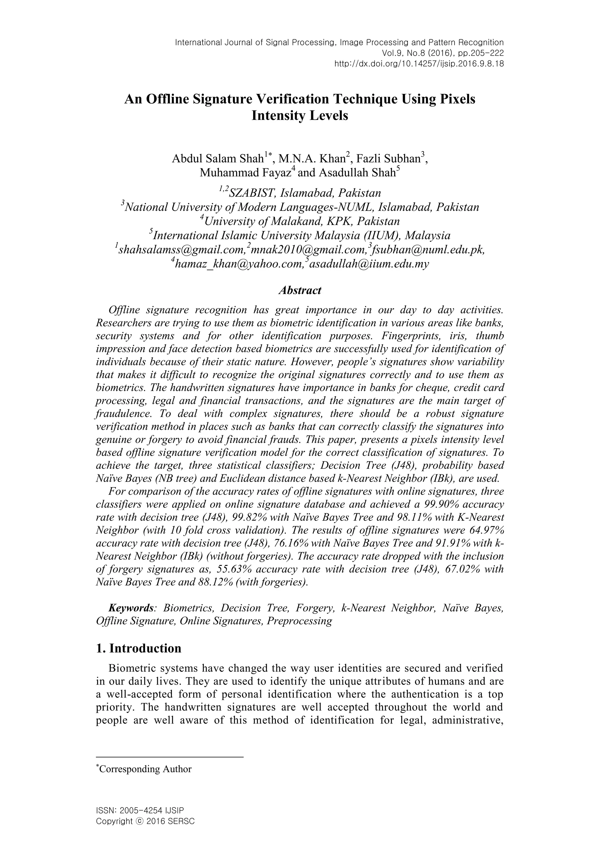 An offline signature verification using pixels intensity levels | PDF