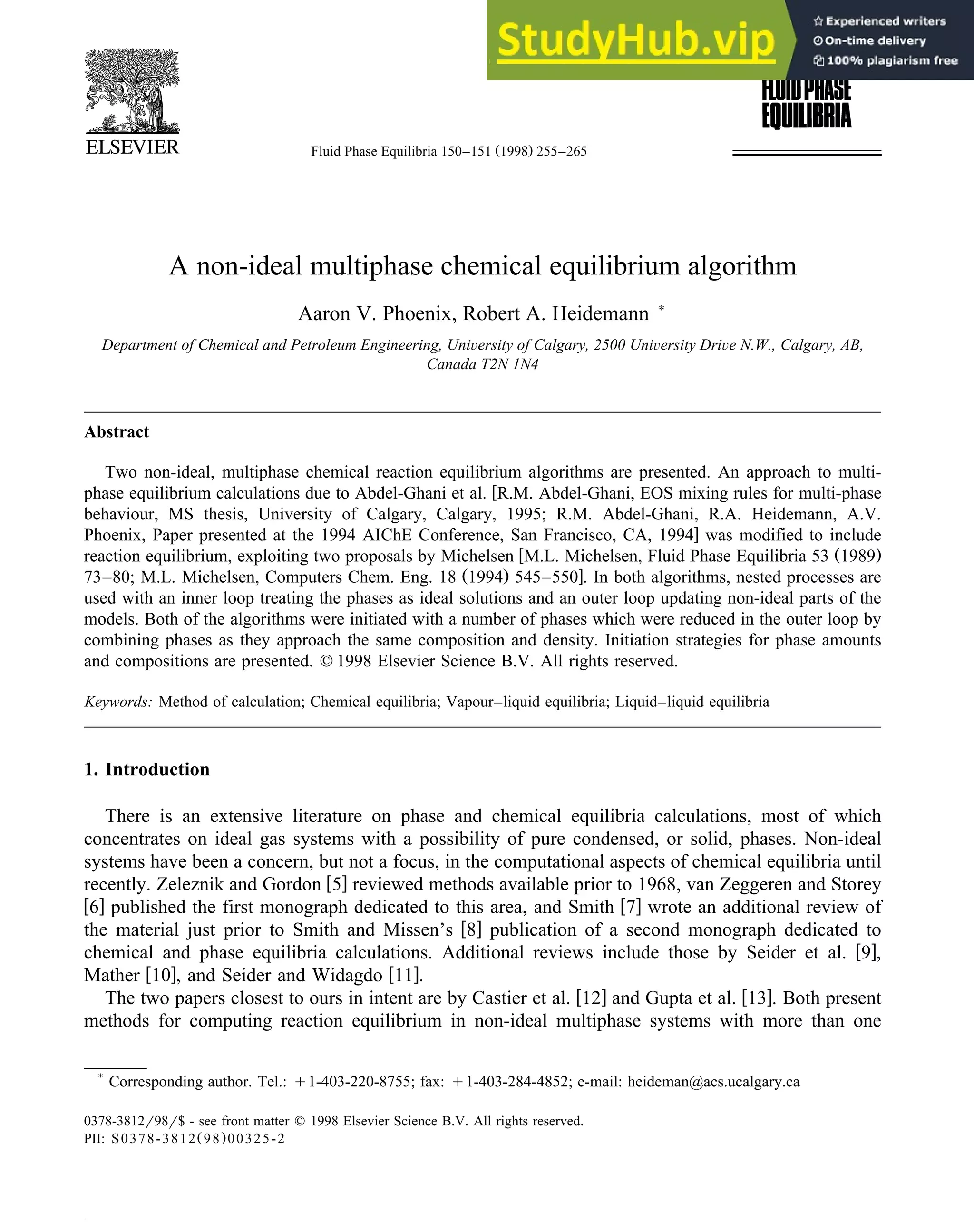 A Non-Ideal Multiphase Chemical Equilibrium Algorithm | PDF | Chemistry | Science