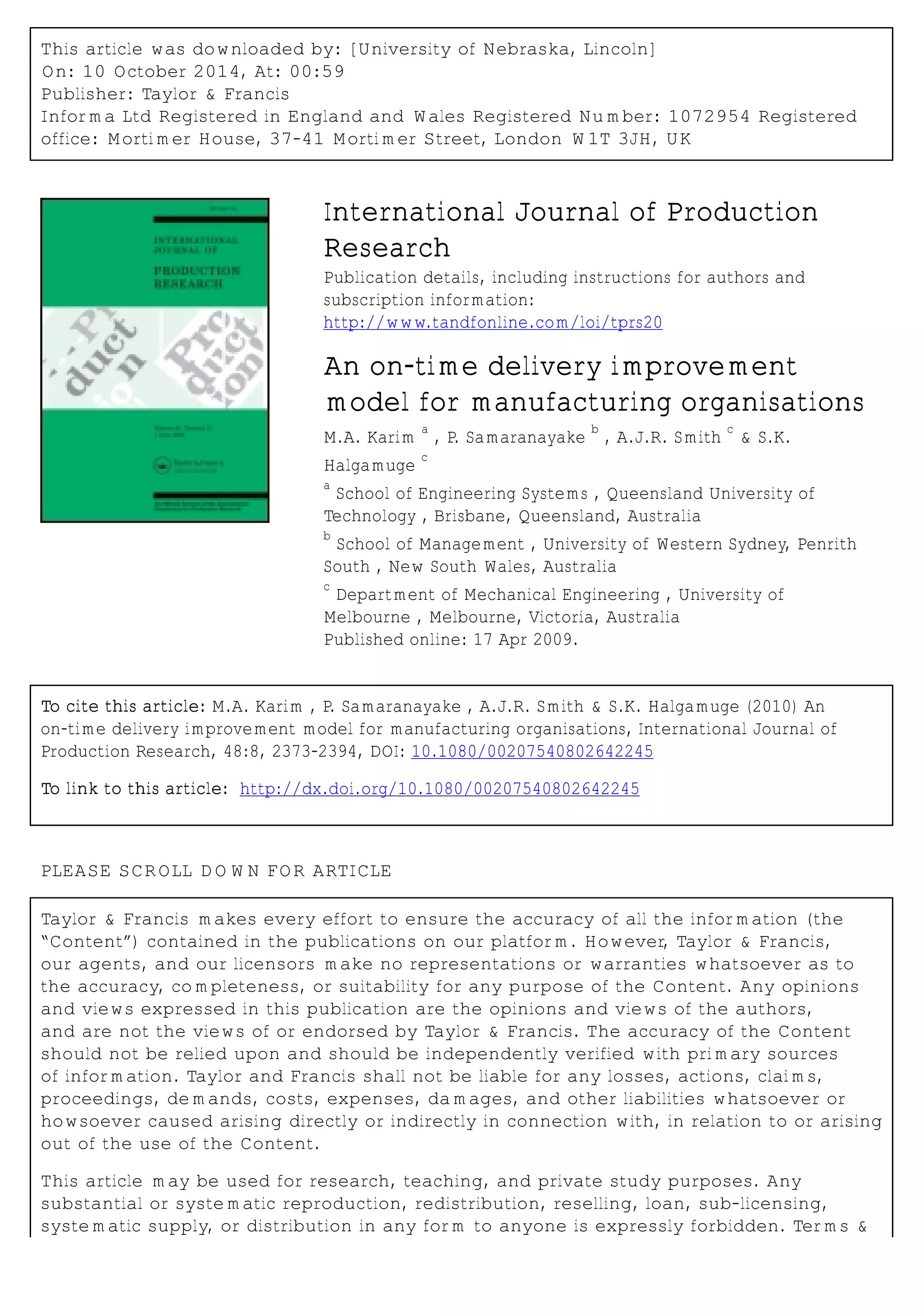 An on time delivery improvement model for manufacturing organisations | PDF