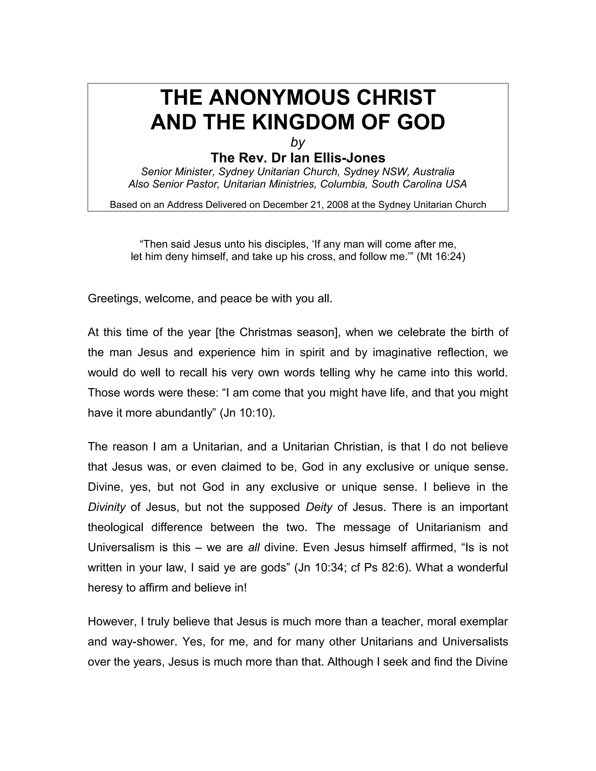 THE ANONYMOUS CHRIST AND THE KINGDOM OF GOD | PDF | Religion & Spirituality