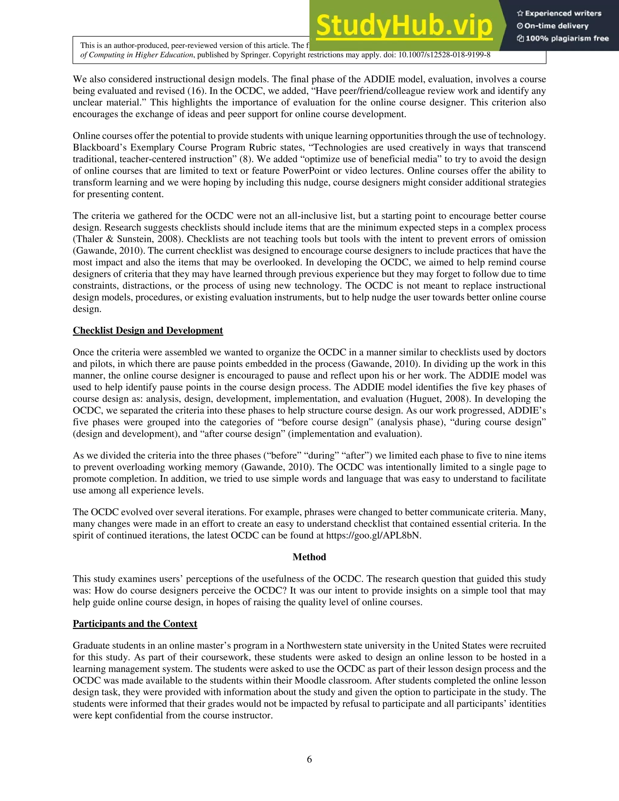 An Online Course Design Checklist Development And Users Perceptions | PDF