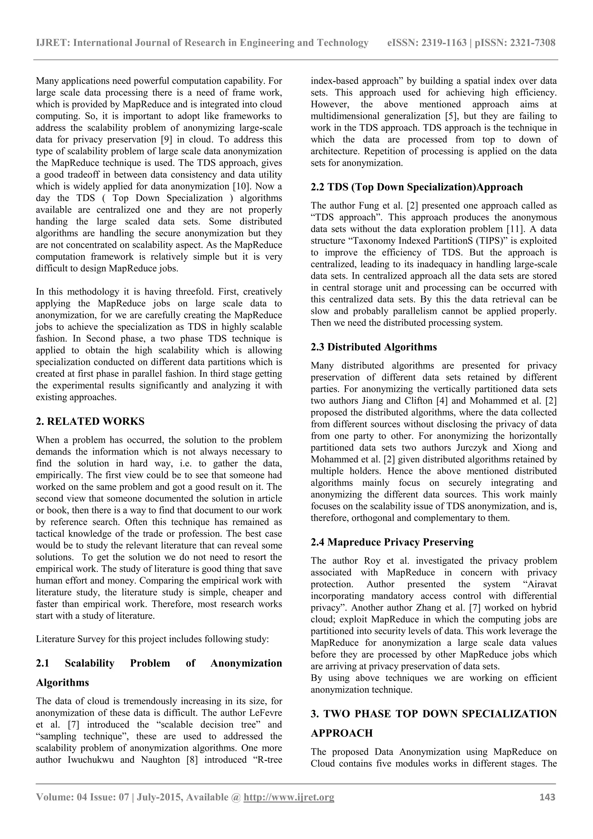Anonymization Of Data Using Mapreduce On Cloud Pdf