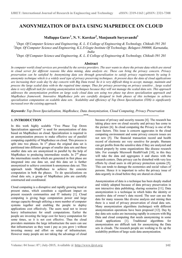 Anonymization of data using mapreduce on cloud | PDF