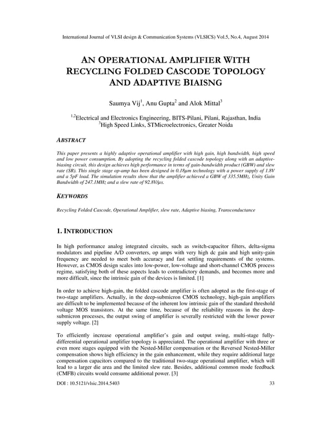An operational amplifier with recycling folded cascode topology and adaptive biasing | PDF