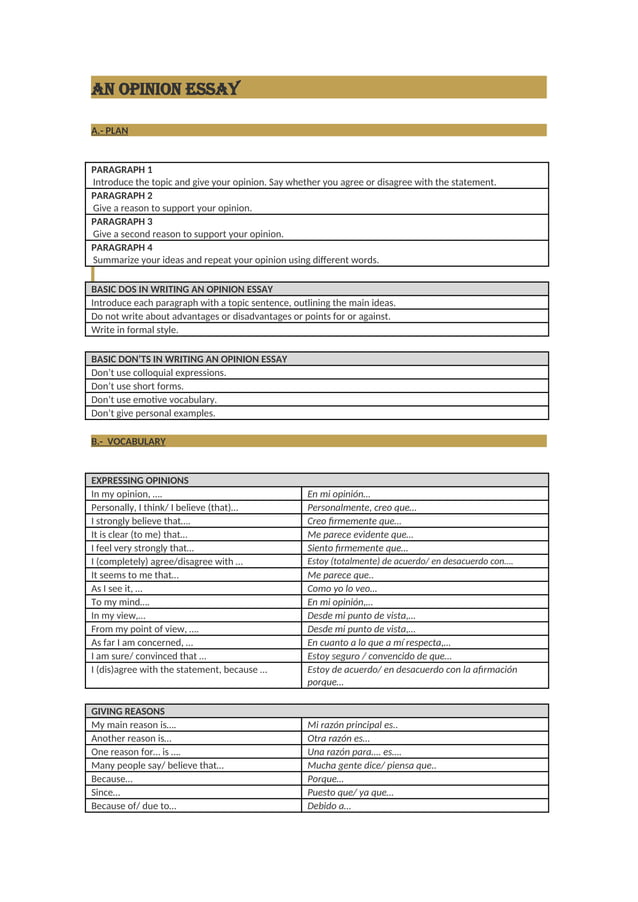 AN OPINION ESSAY. - STRUCTURE AND VOCABULARY | PDF