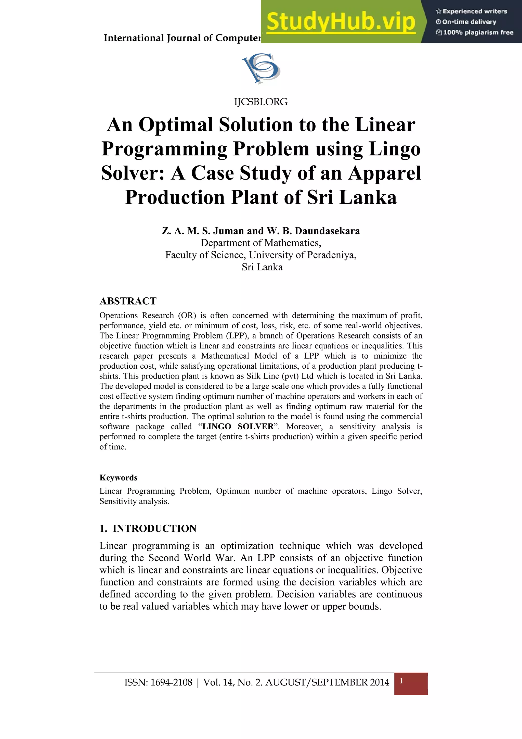 An Optimal Solution To The Linear Programming Problem Using Lingo Solver A Case Study Of An ...