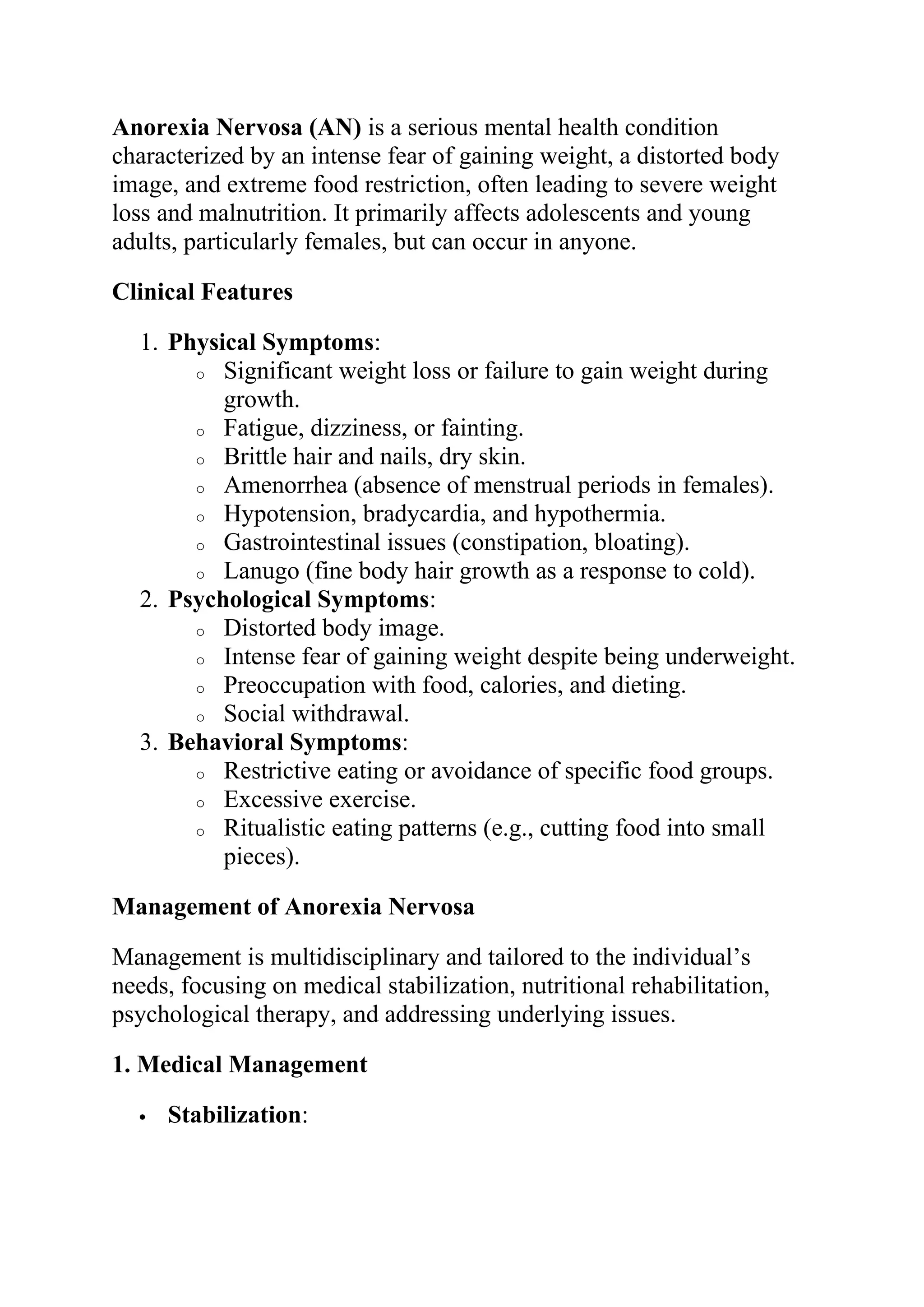 anorexia nervosa and its nursing management | DOCX