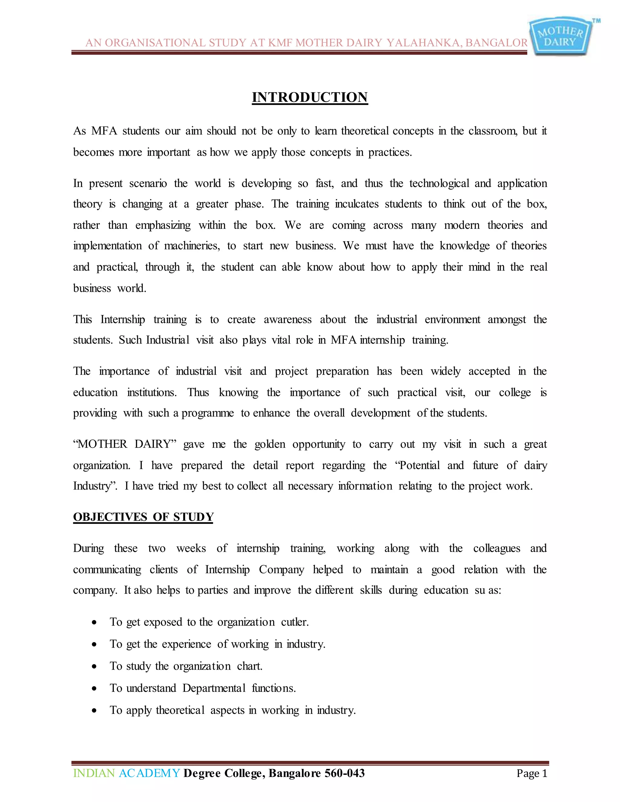 An organisational study at kmf mother dairy yalahanka new | DOCX