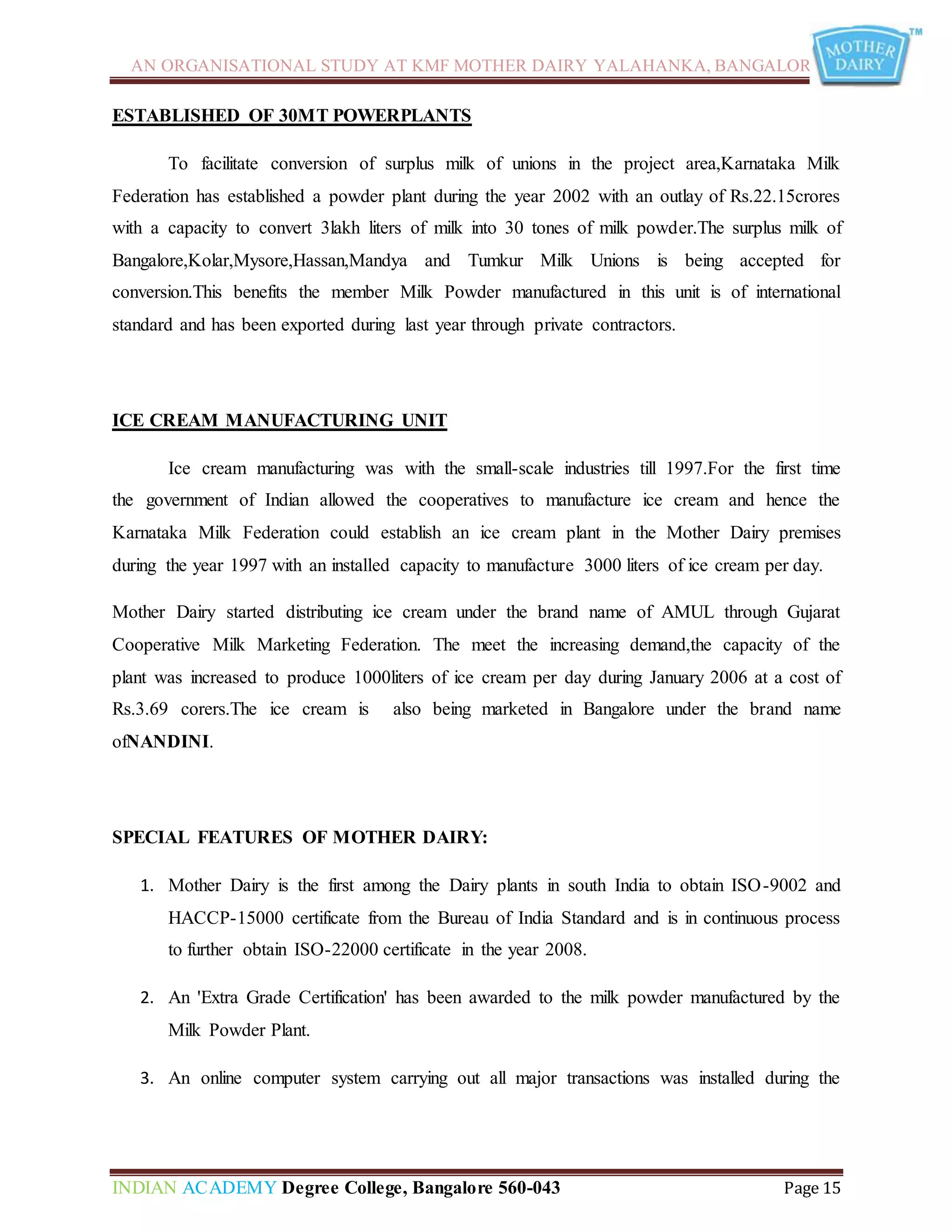 An organisational study at kmf mother dairy yalahanka new | DOCX