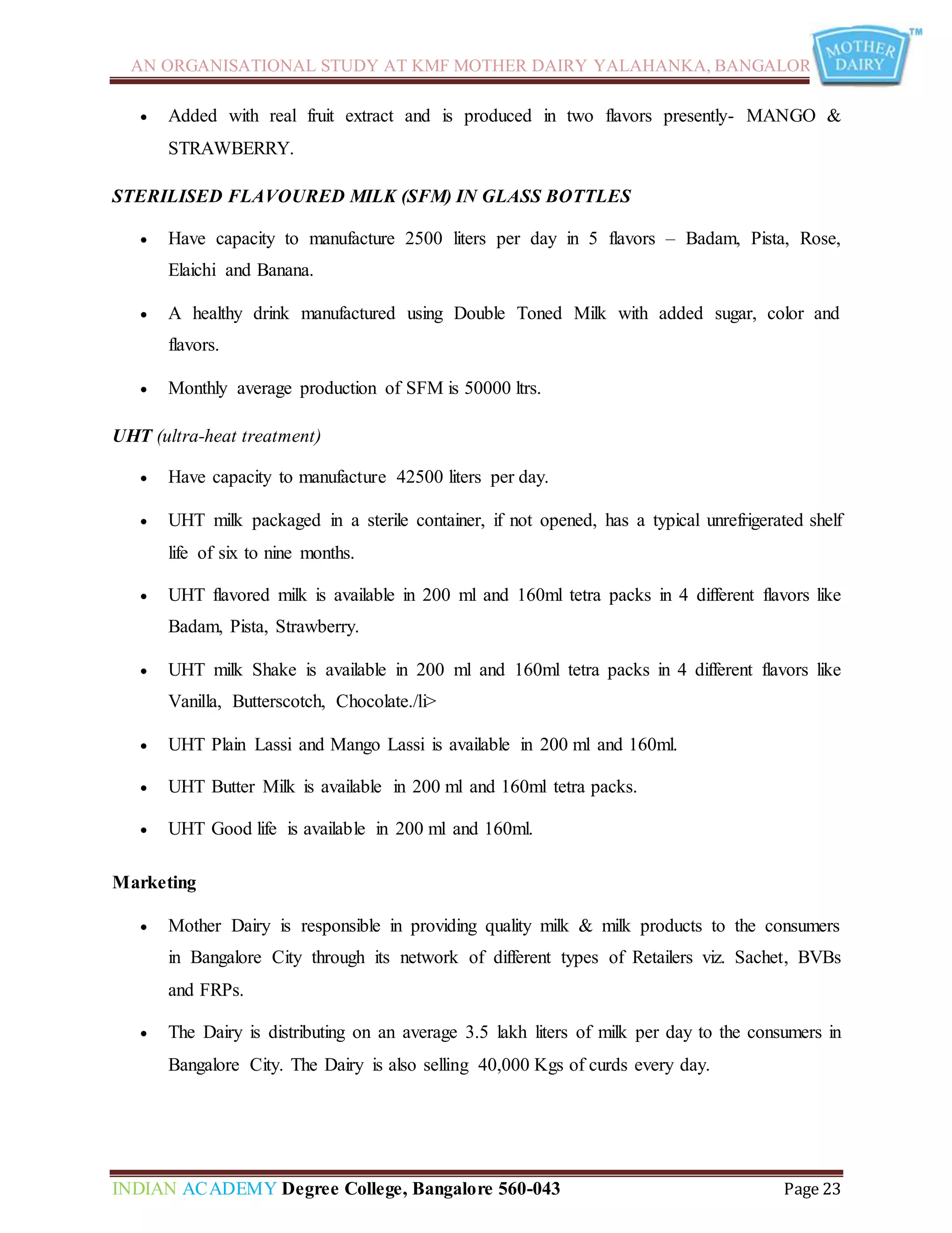 An organisational study at kmf mother dairy yalahanka new | DOCX