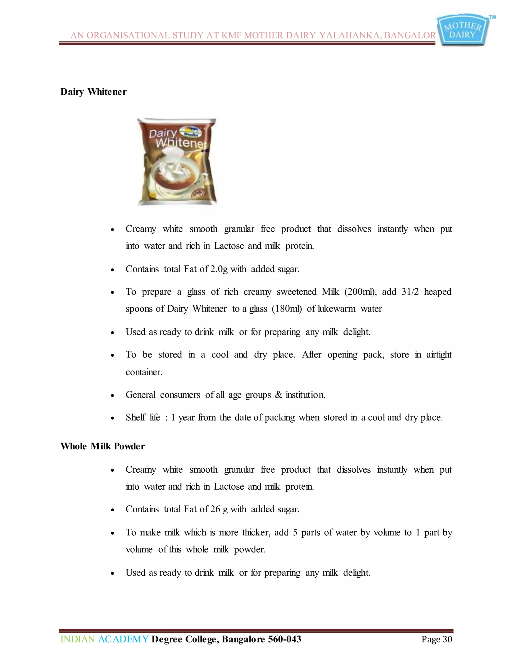 An organisational study at kmf mother dairy yalahanka new | DOCX