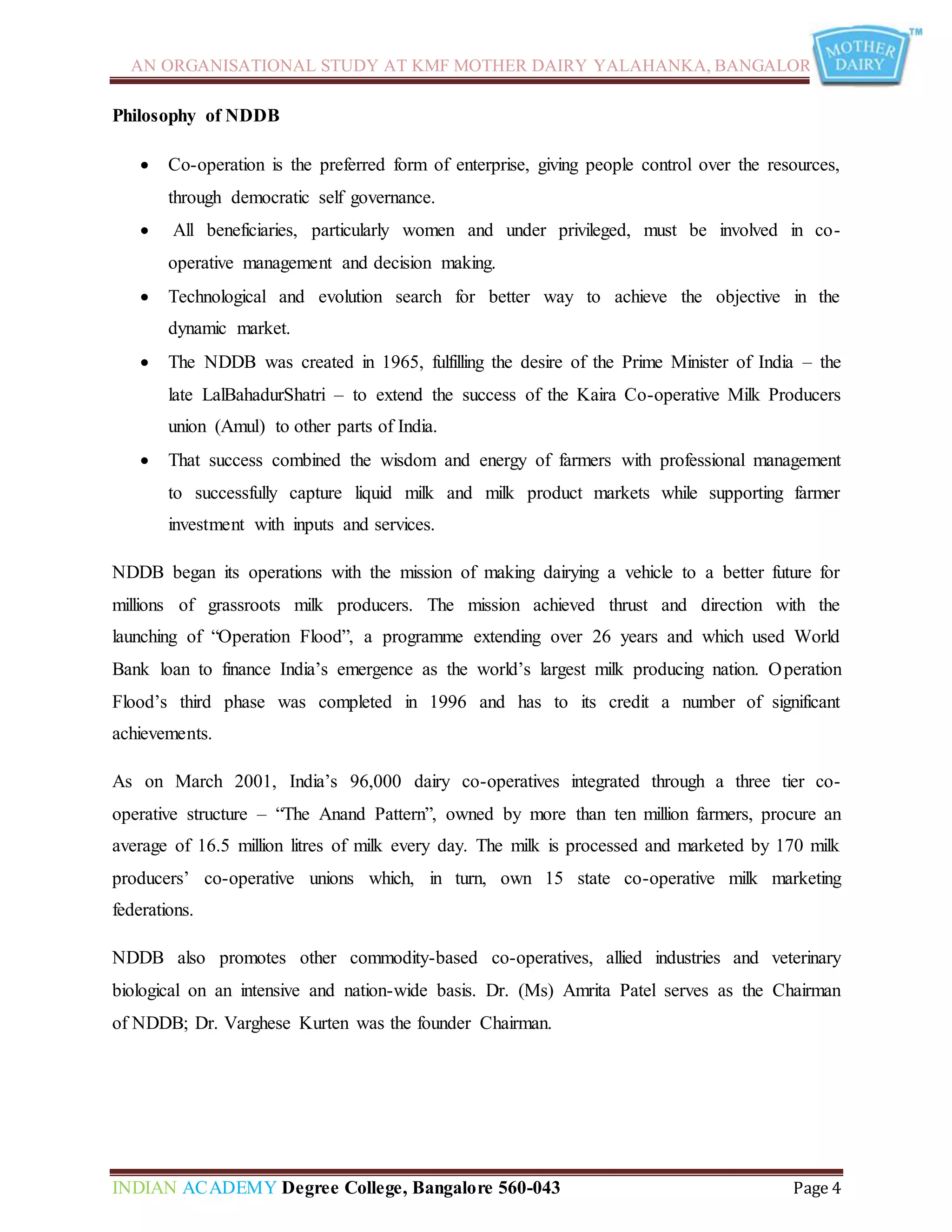 An organisational study at kmf mother dairy yalahanka new | DOCX