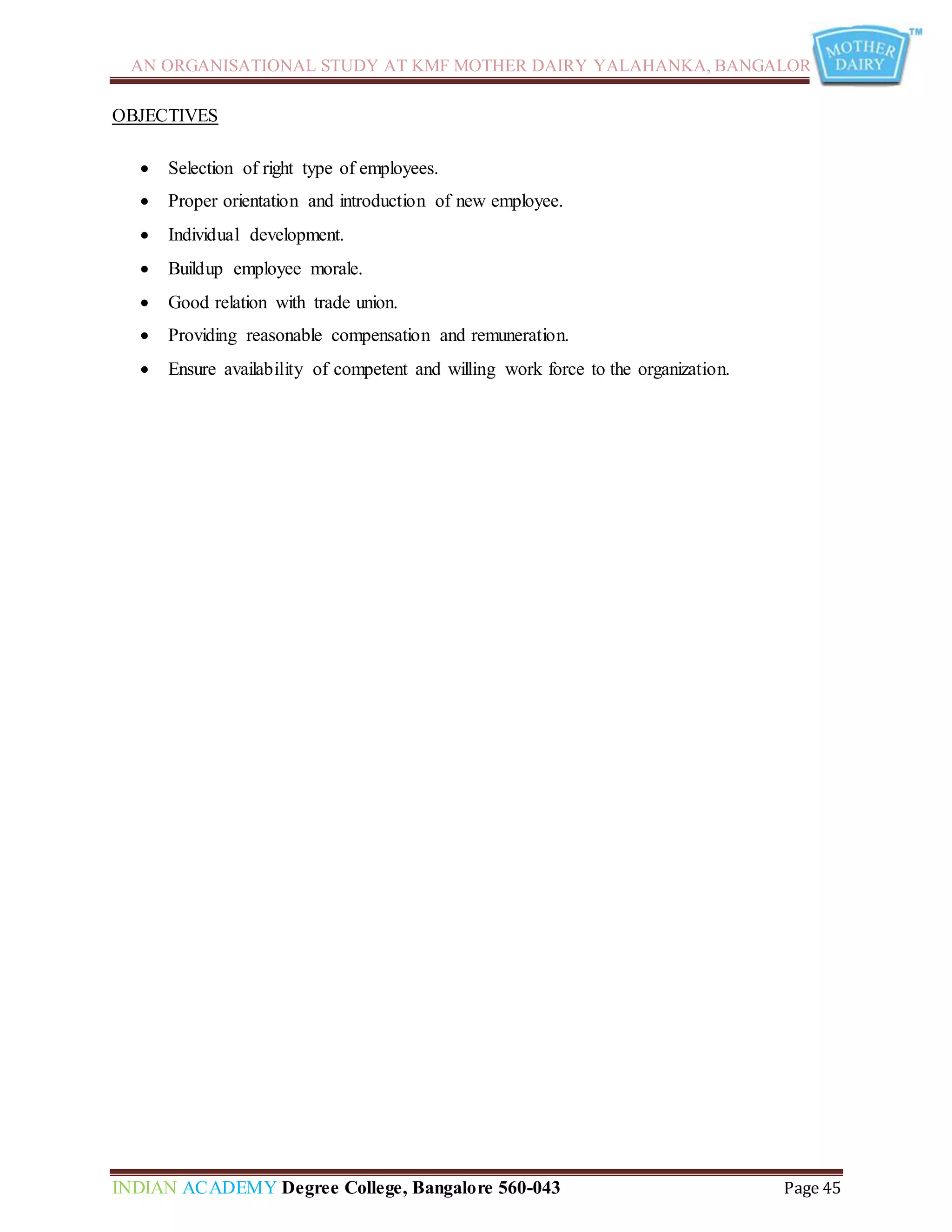 An organisational study at kmf mother dairy yalahanka new | DOCX