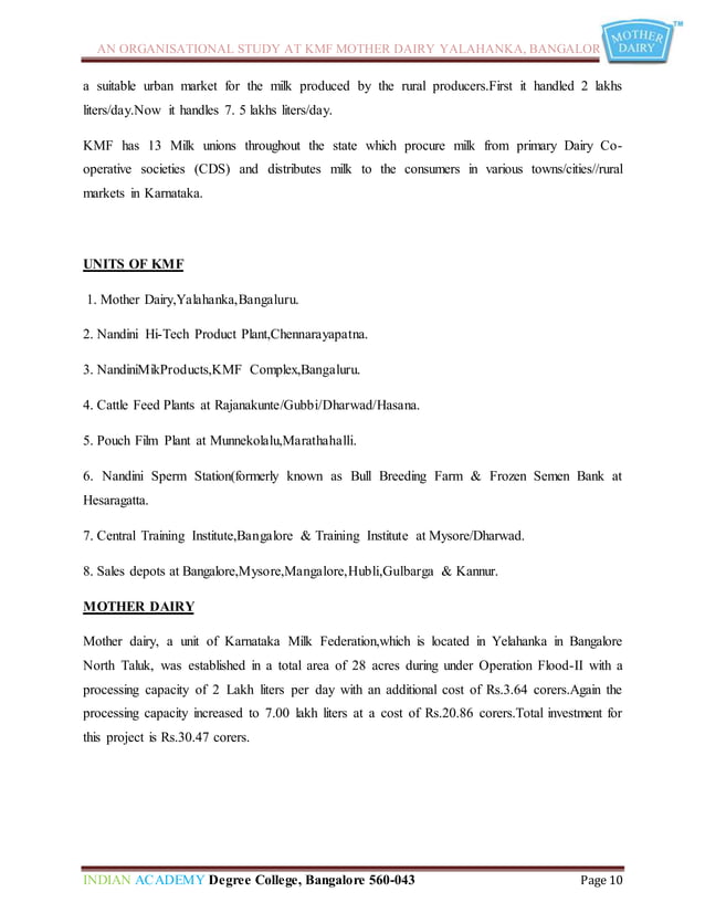 An organisational study at kmf mother dairy yalahanka new | DOCX