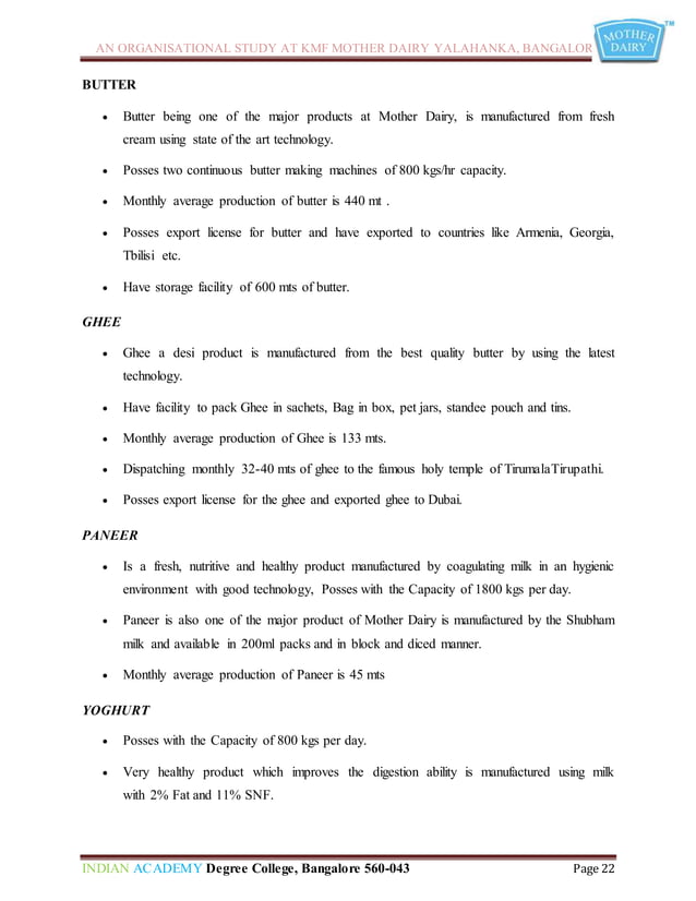 An organisational study at kmf mother dairy yalahanka new | DOCX