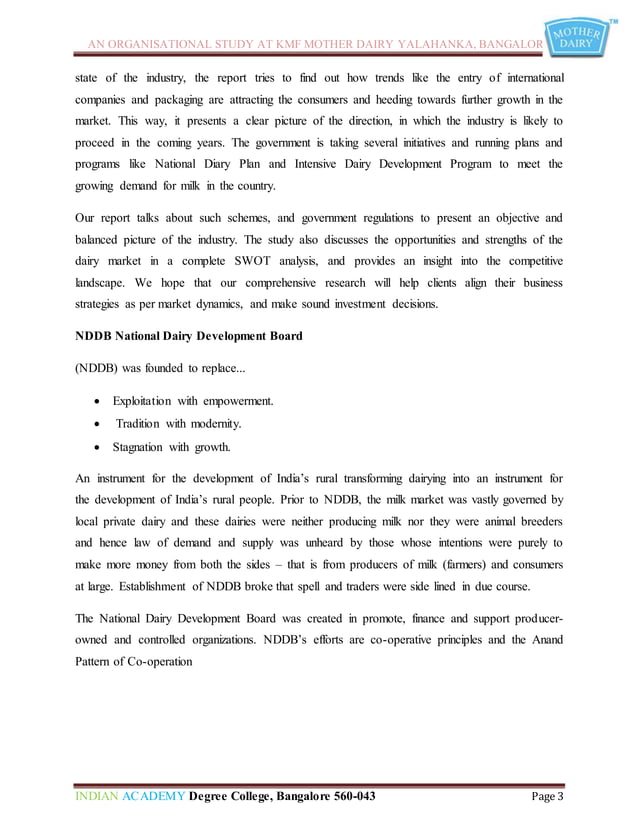 An organisational study at kmf mother dairy yalahanka new | PDF