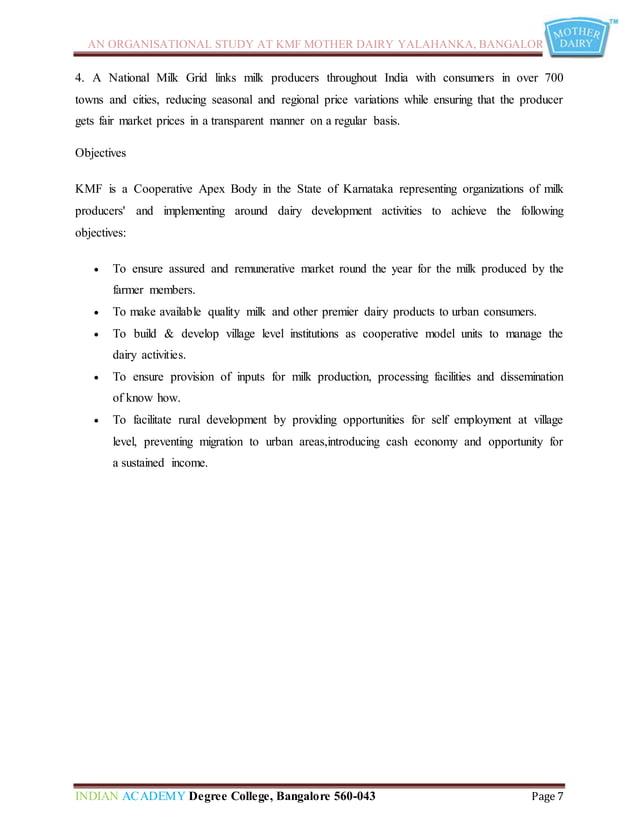 An organisational study at kmf mother dairy yalahanka new | DOCX