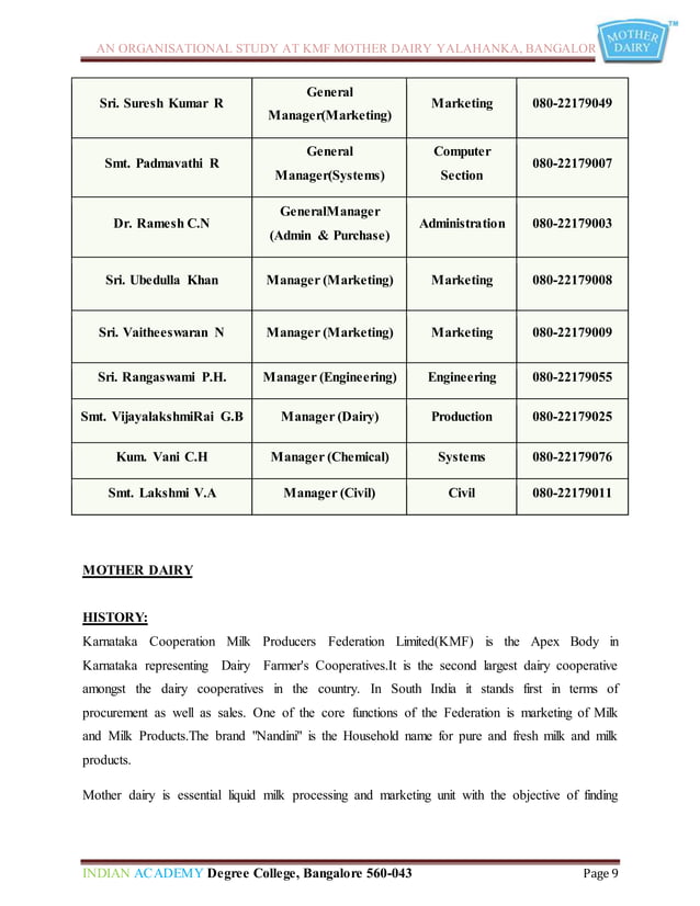 An organisational study at kmf mother dairy yalahanka new | DOCX