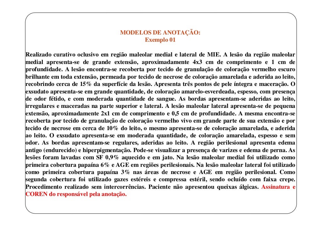 Anotação De Enfermagem Curativo Exemplo Anotação De Enfermagem Curativo Exemplo