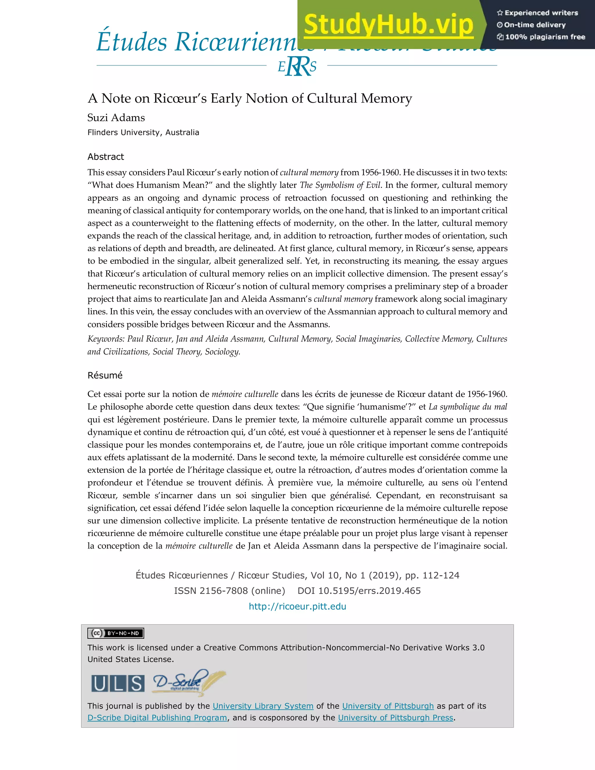 A Note On Ric Ur S Early Notion Of Cultural Memory | PDF