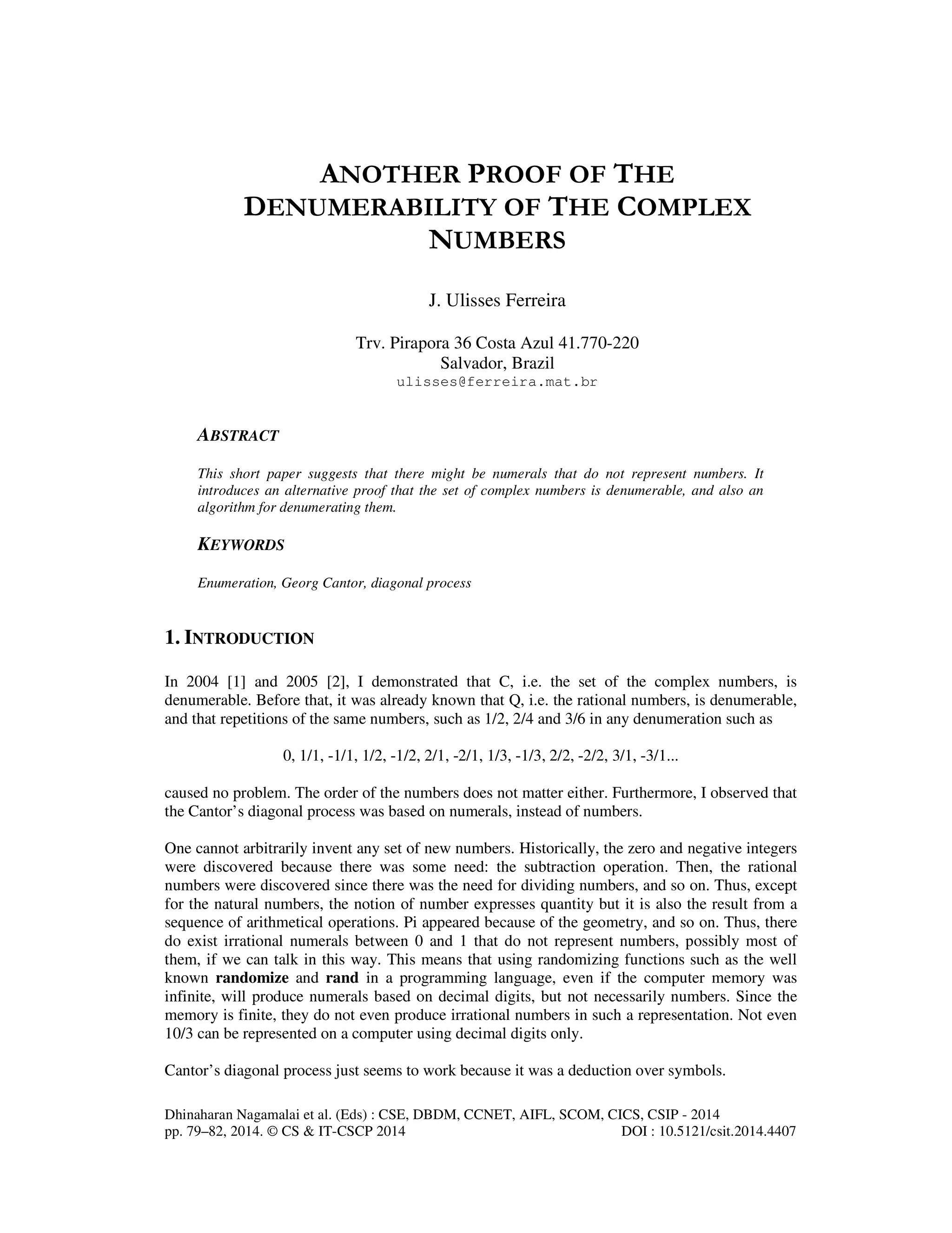 ANOTHER PROOF OF THE DENUMERABILITY OF THE COMPLEX NUMBERS | PDF