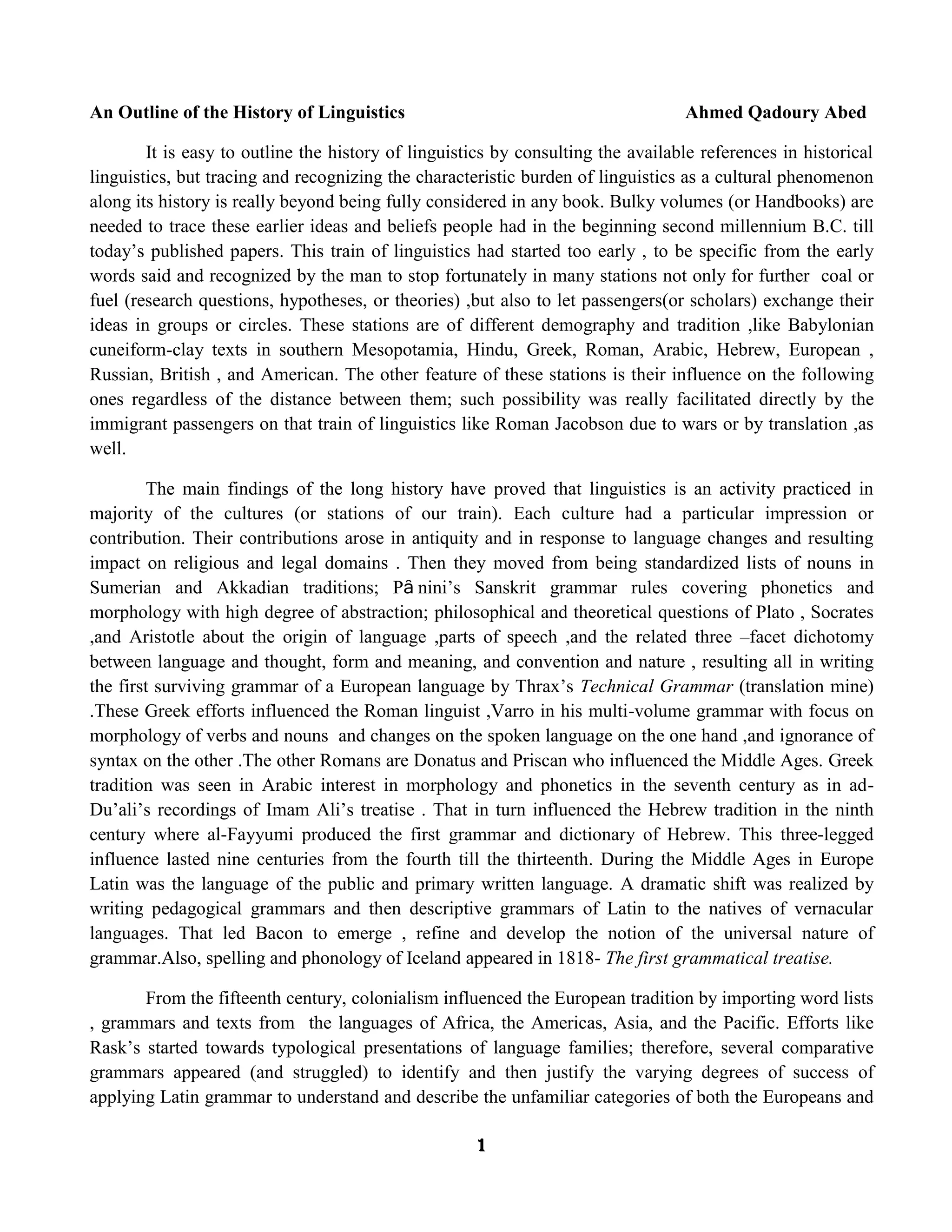 An outline of the history of linguistics ahmed qadoury abed | PDF