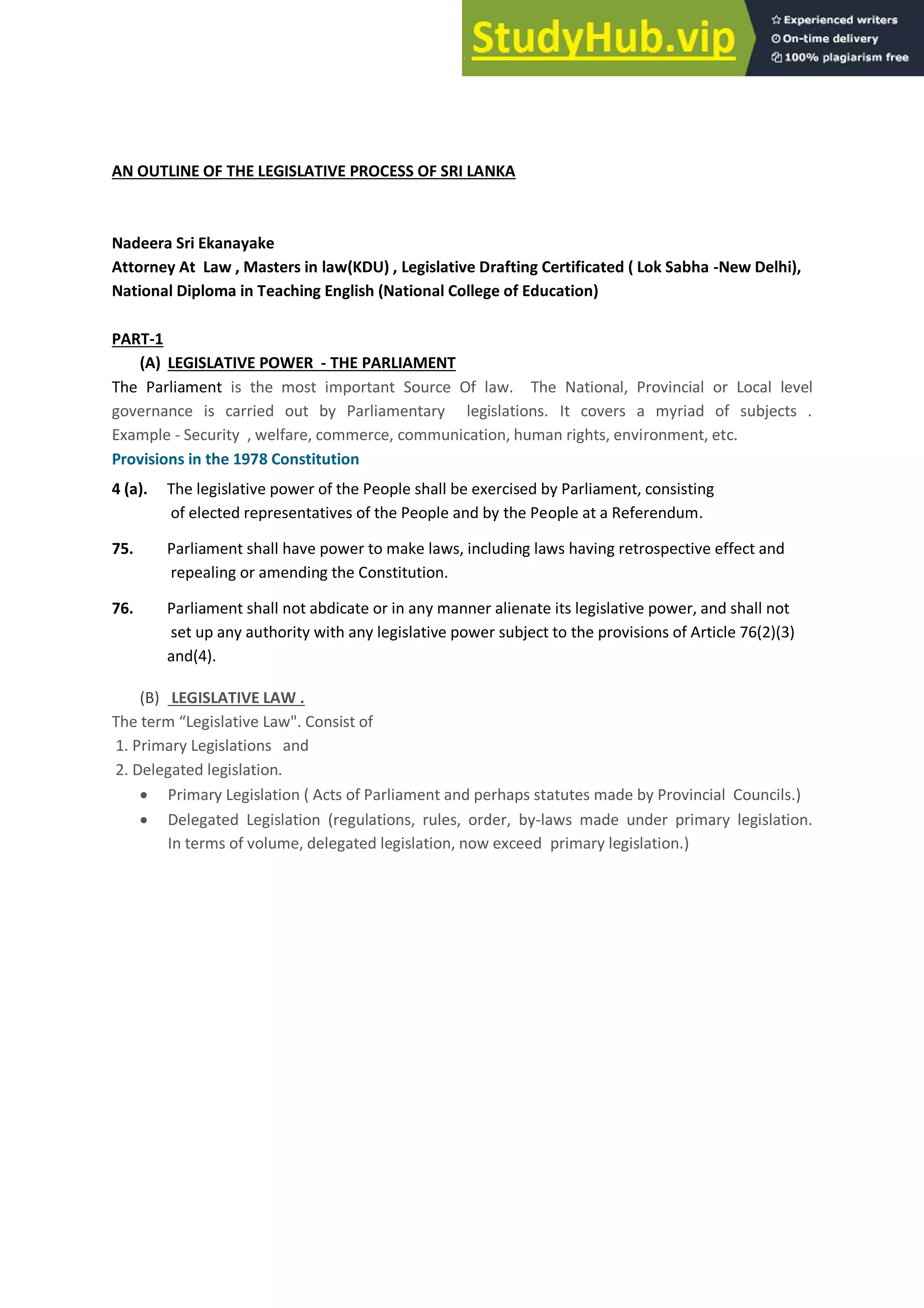 AN OUTLINE OF THE LEGISLATIVE PROCESS OF SRI LANKA | PDF