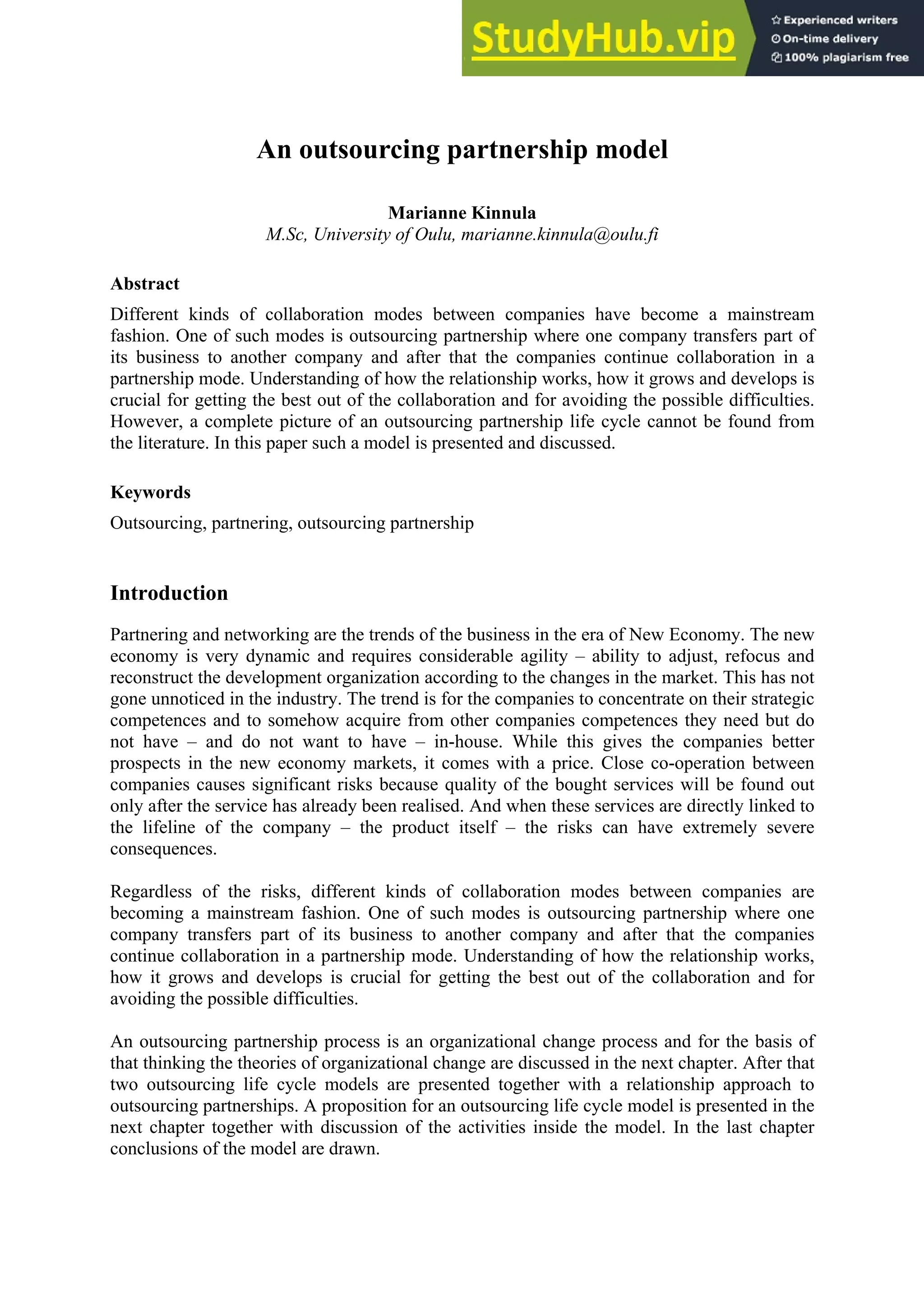 An Outsourcing Partnership Model | PDF