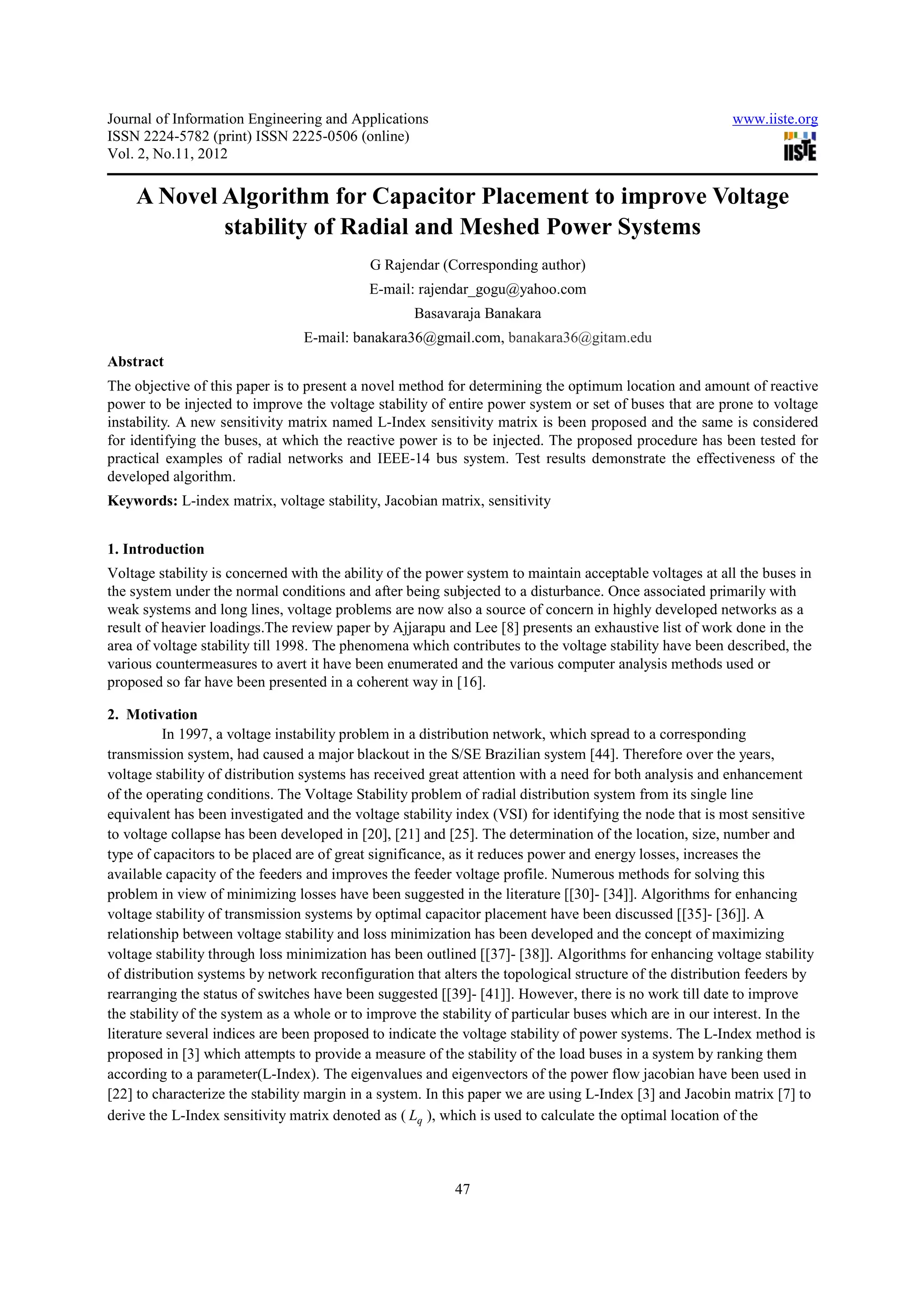 A novel algorithm for capacitor placement to improve voltage stability of radial and meshed ...