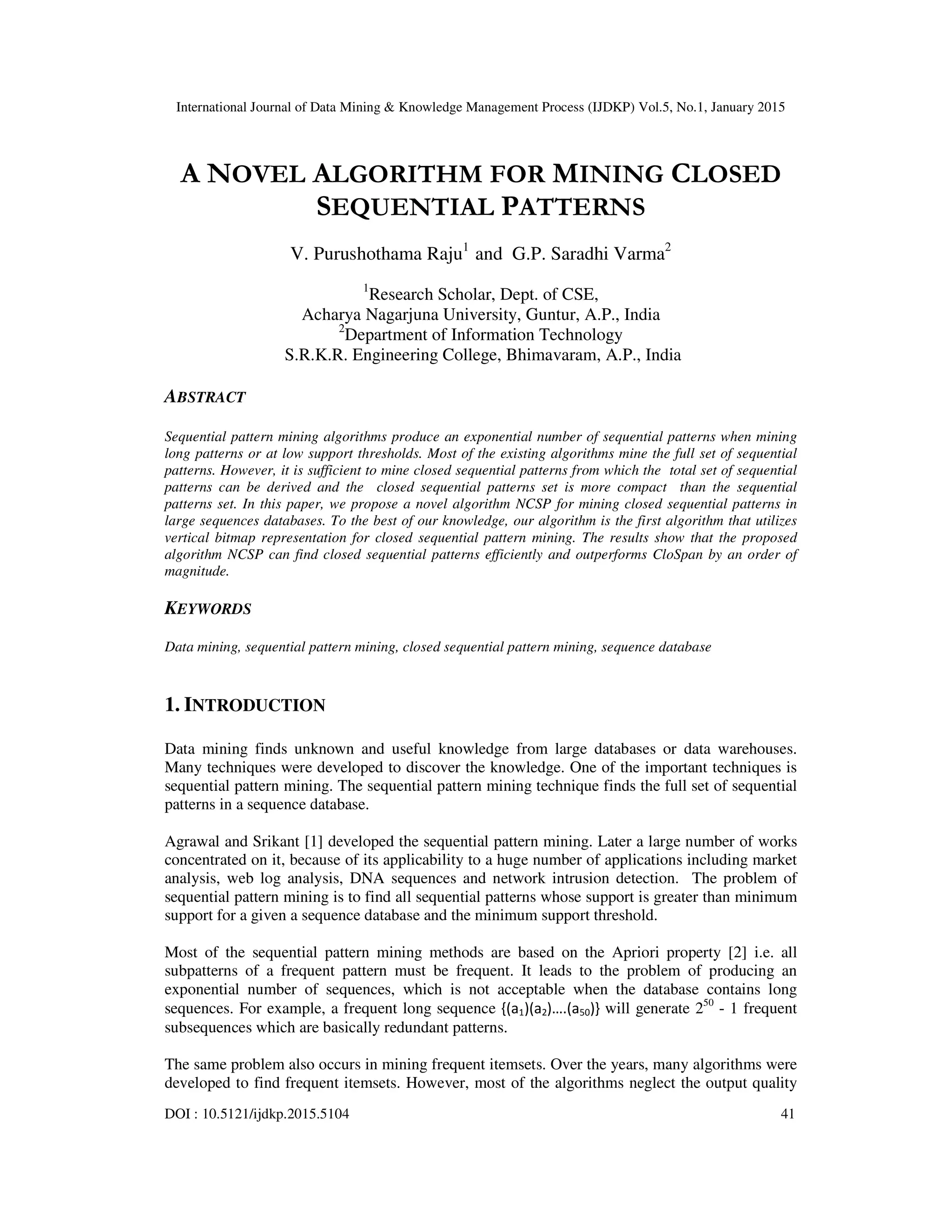 A novel algorithm for mining closed sequential patterns | PDF