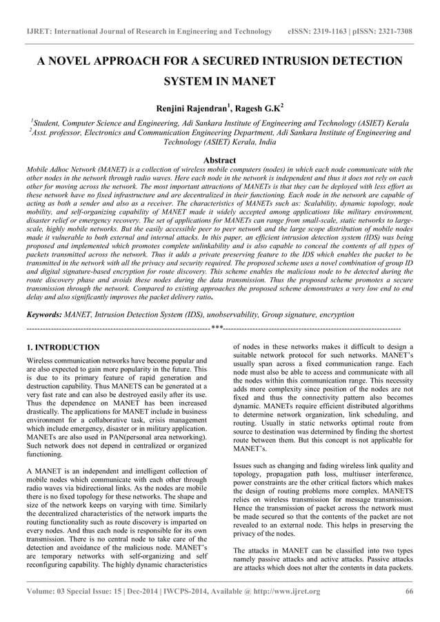 A Novel Approach For A Secured Intrusion Detection System In Manet Pdf Computer Networking