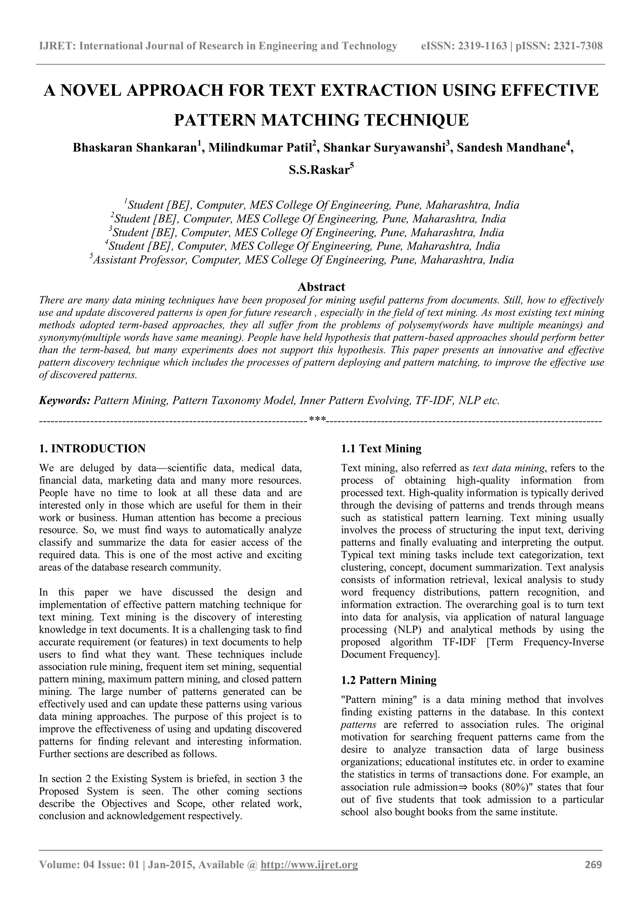 A Novel Approach For Text Extraction Using Effective Pattern Matching Technique Pdf