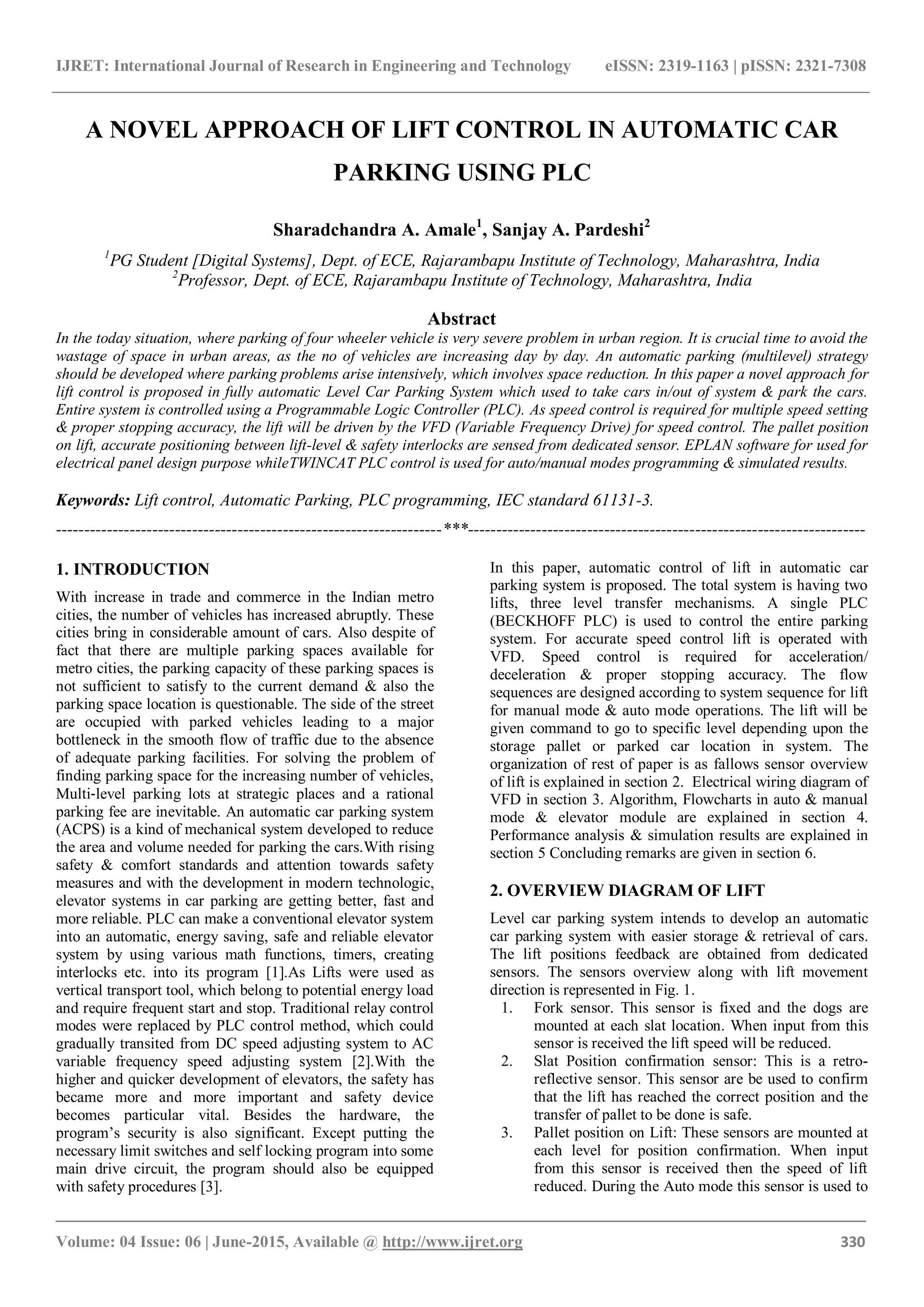 A novel approach of lift control in automatic car parking using plc | PDF